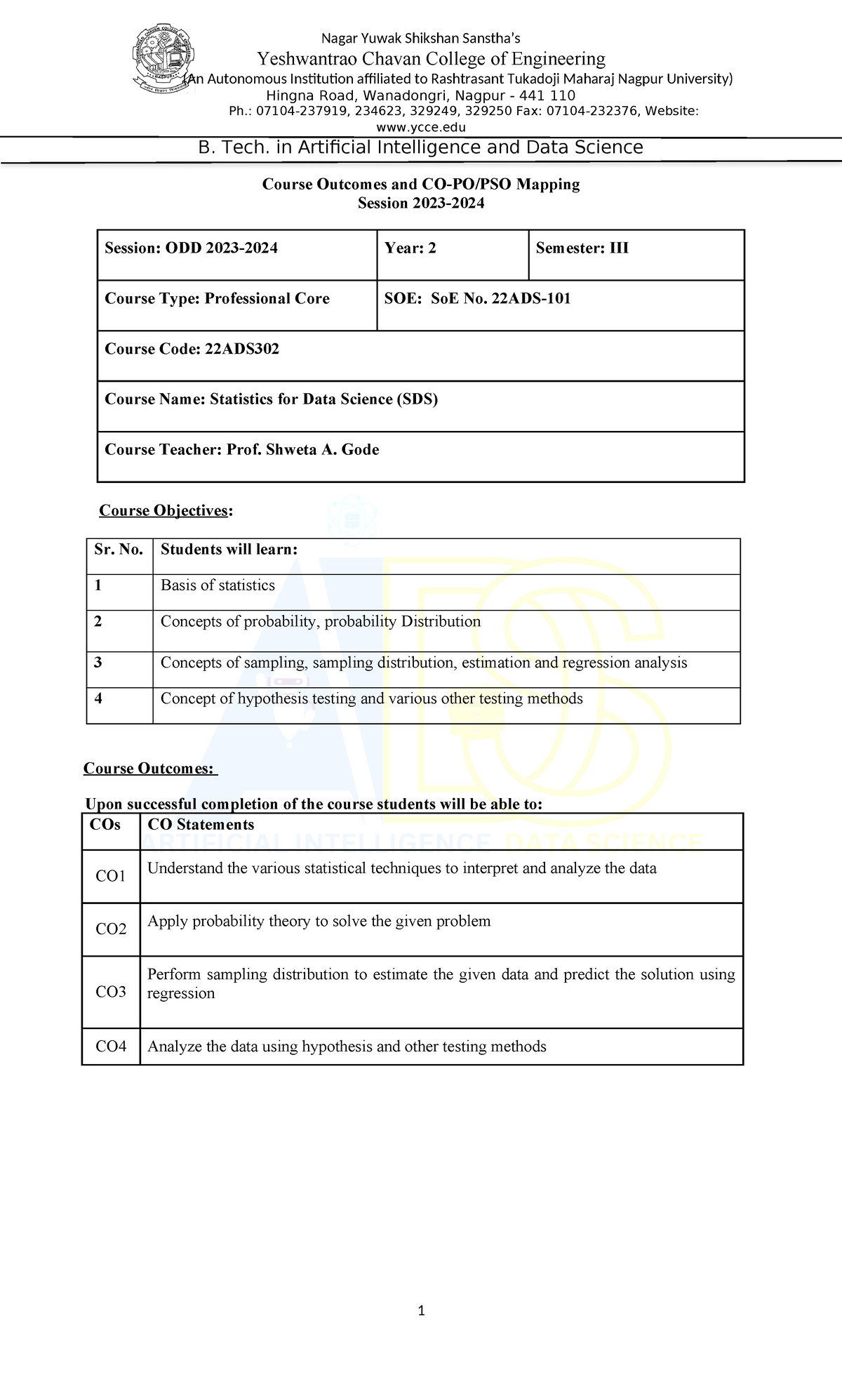CO-PO Mapping 3rd sem AIDS - Yeshwantrao Chavan College of Engineering ...