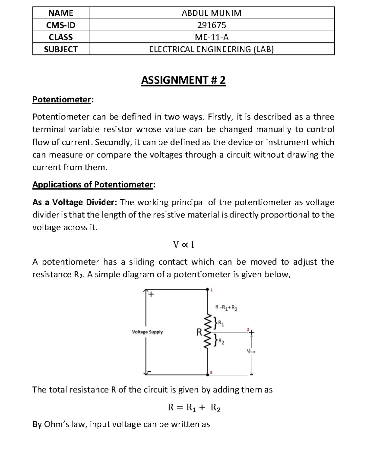 Abdul Munim EE Lab-2 - This is the lab report for the electrical ...