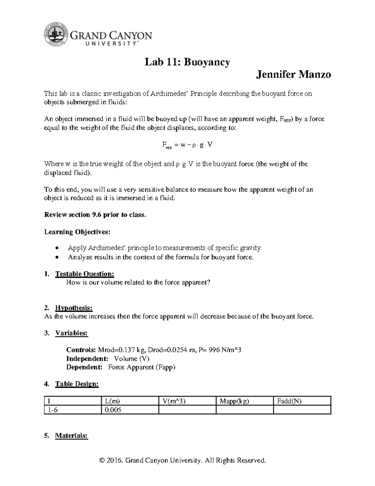 PHY-111L-RS-Lab11 Buoyancy - © 2016. Grand Canyon University. All Rights Reserved. Lab 11 ...