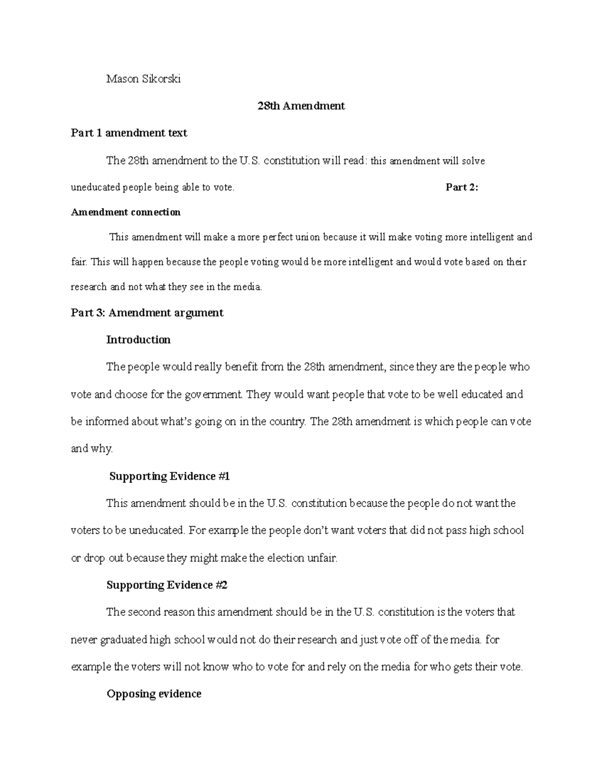 28th amendment rough draft - Mason Sikorski 28th Amendment Part 1 ...
