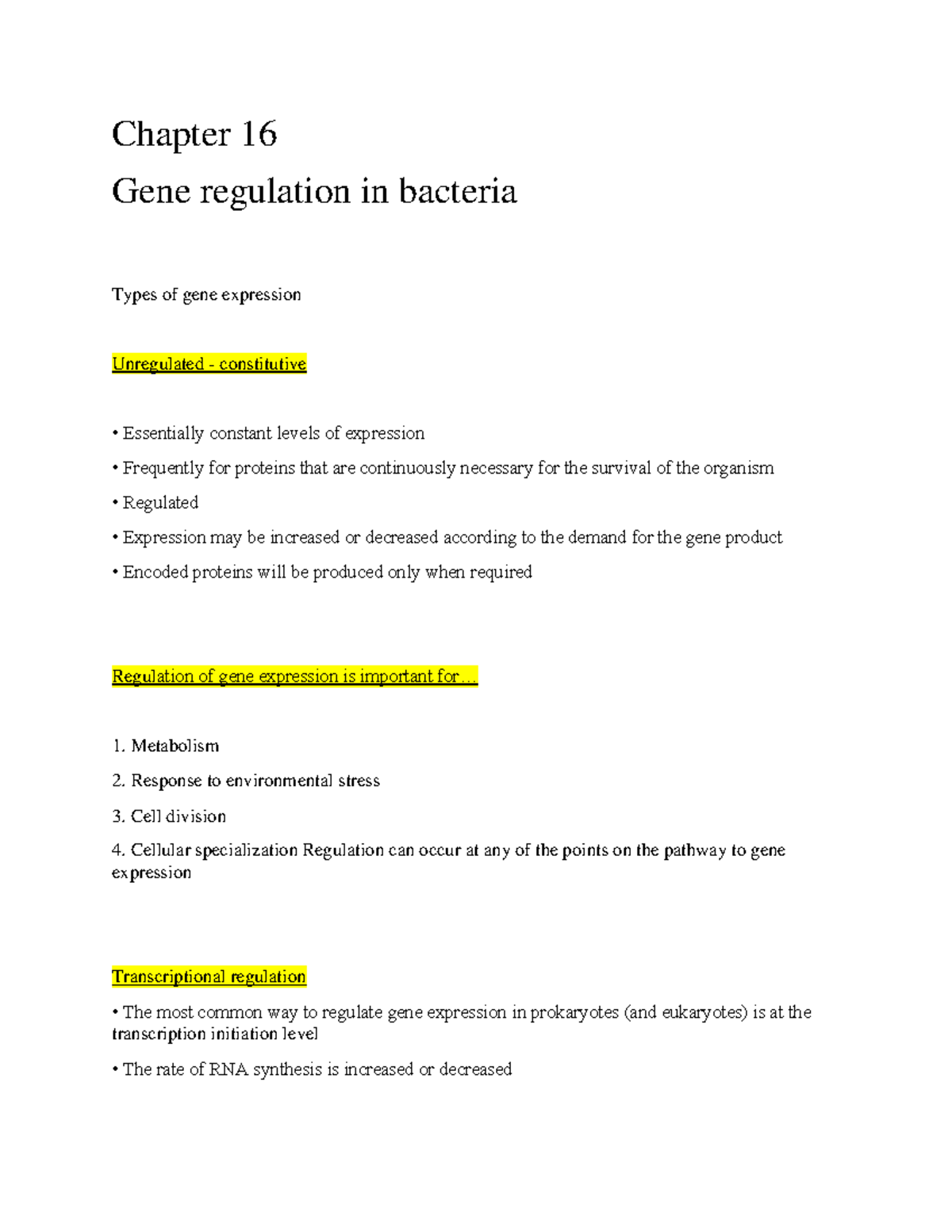 Chapter 16 Gene regulation in bacteria, Types of gene expression ...