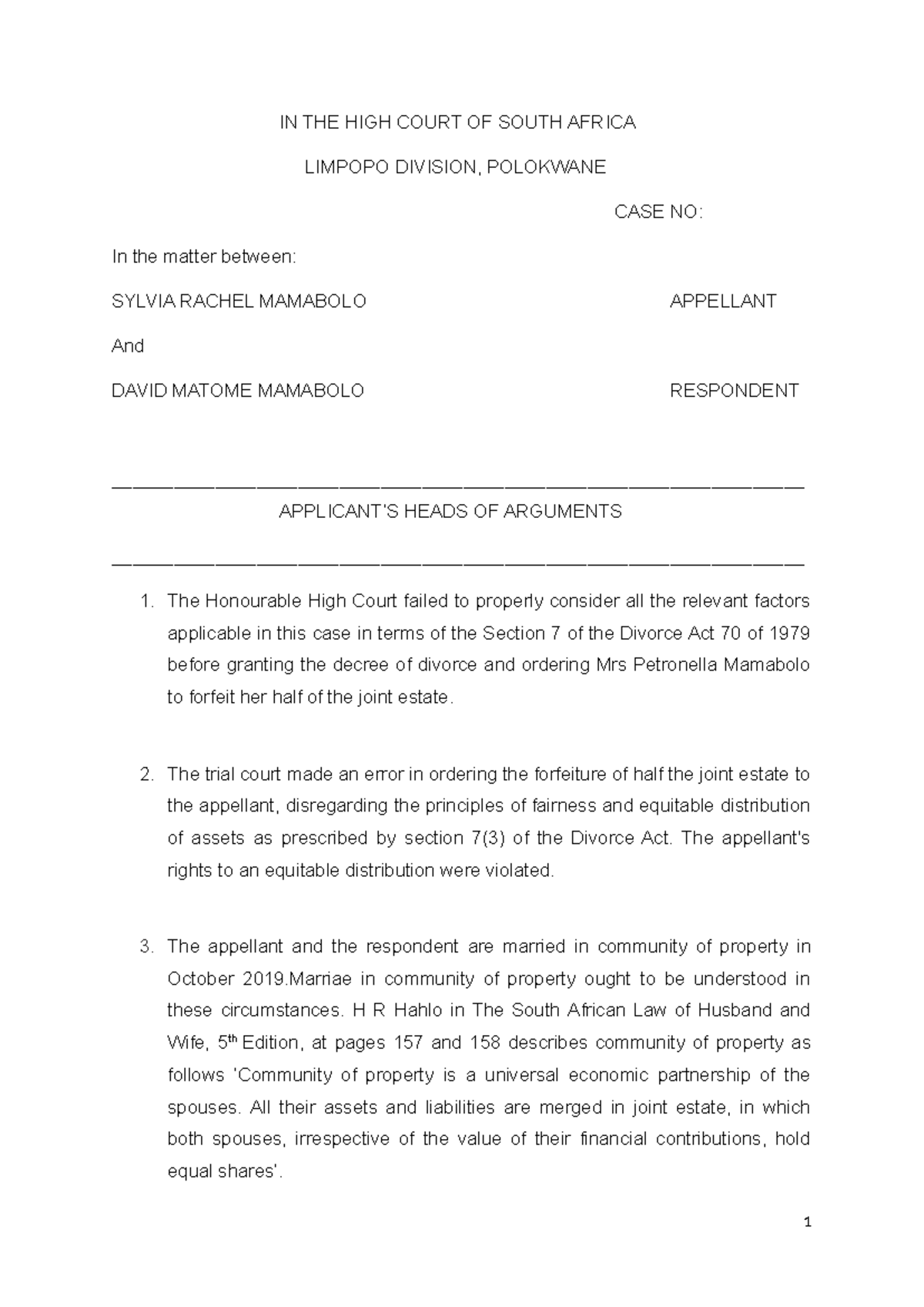 Heads OF Arguments - IN THE HIGH COURT OF SOUTH AFRICA LIMPOPO DIVISION ...