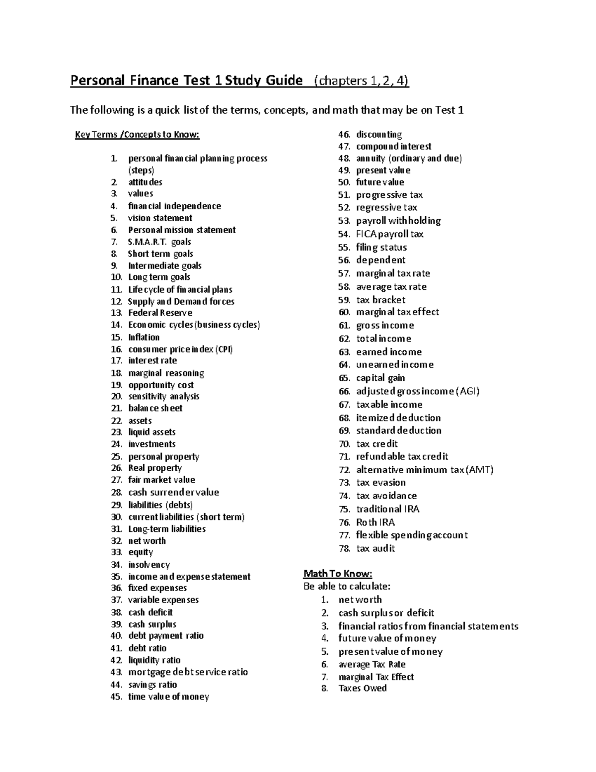 Personal finance test 1 study guide ch 1 2 4 - Personal Finance Test 1 ...