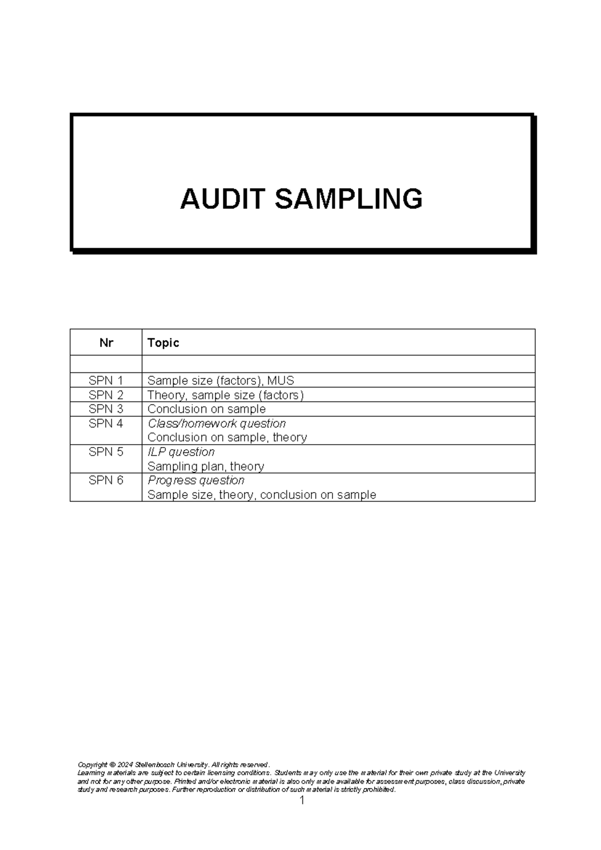 Sampling questions ENG 2024 - AUDIT SAMPLING Nr Topic SPN 1 Sample size ...