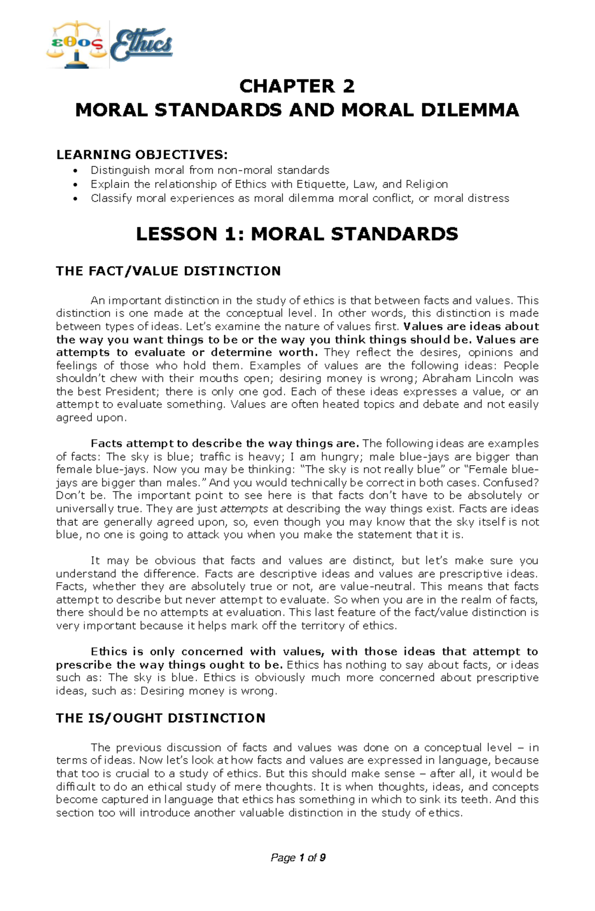 CHAP. 2 Lesson 1 Moral Standards - CHAPTER 2 MORAL STANDARDS AND MORAL ...