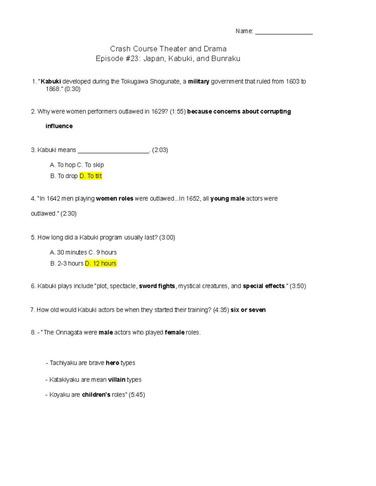 Crash Course Theater Episode #23 - Name: _________________ Episode #23 ...