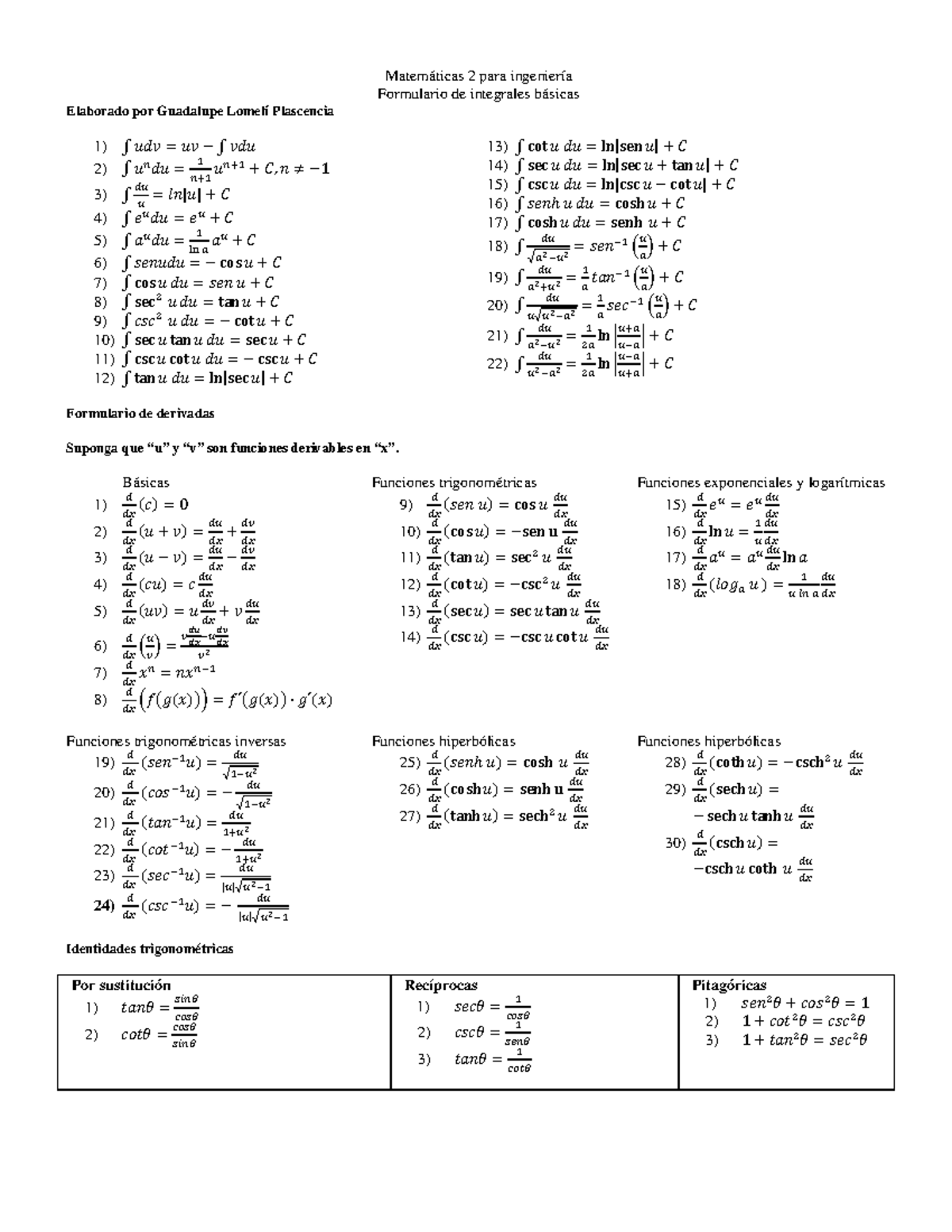 Formulario de integrales - Matemáticas 2 para ingeniería Formulario de ...