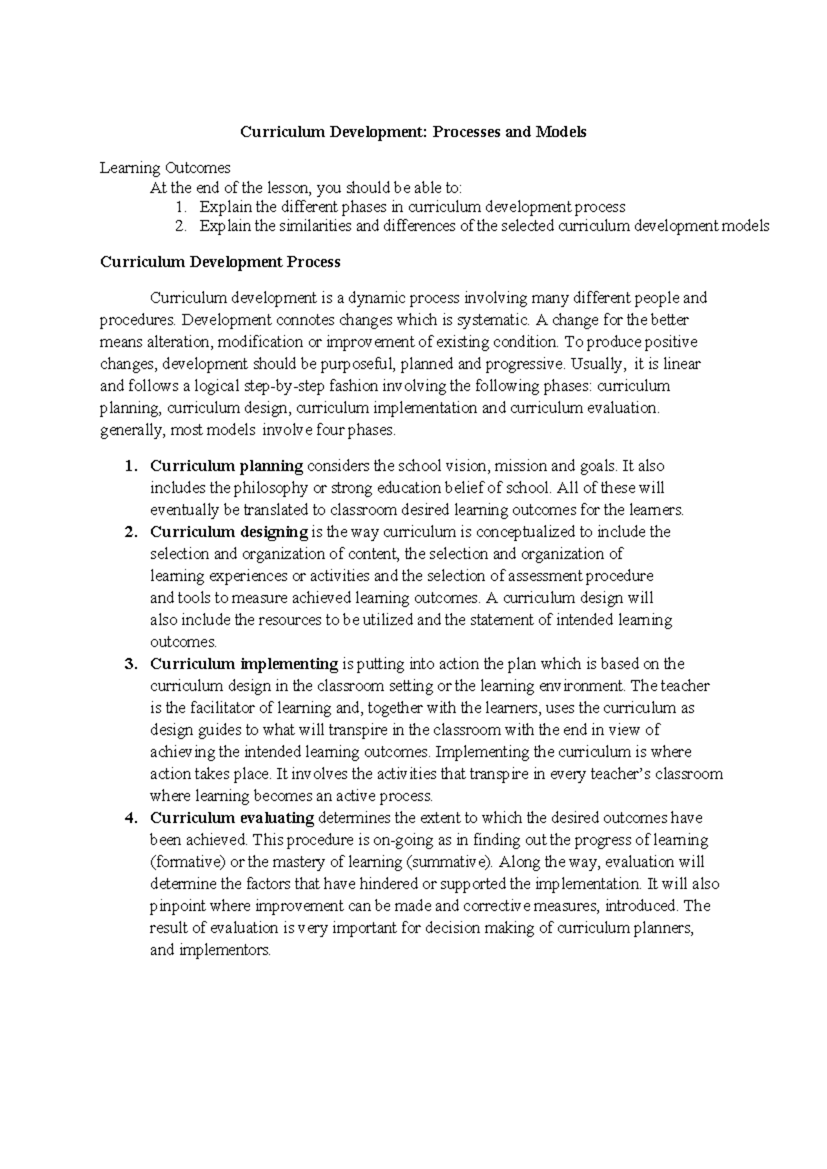 Curriculum Development Processes and Models - Curriculum Development: Processes and Models ...