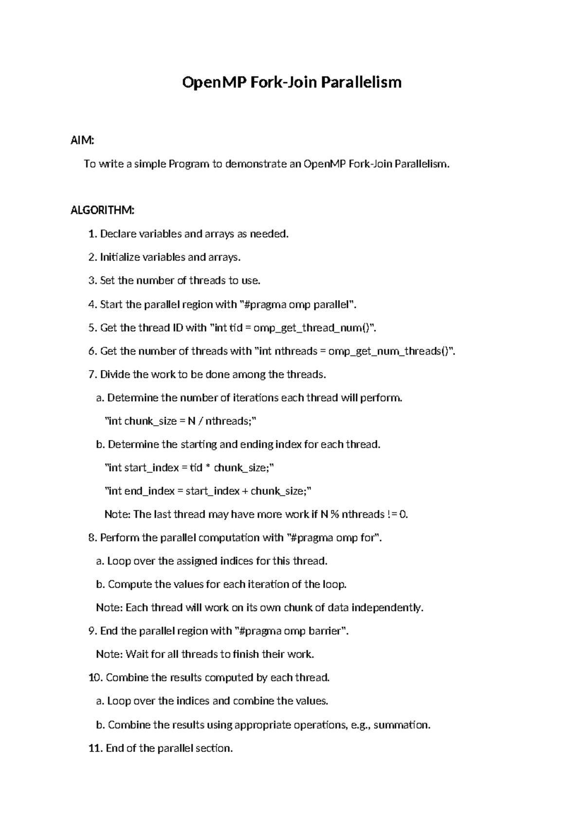 MAP Lab manual - OpenMP Fork-Join Parallelism AIM: To write a simple ...