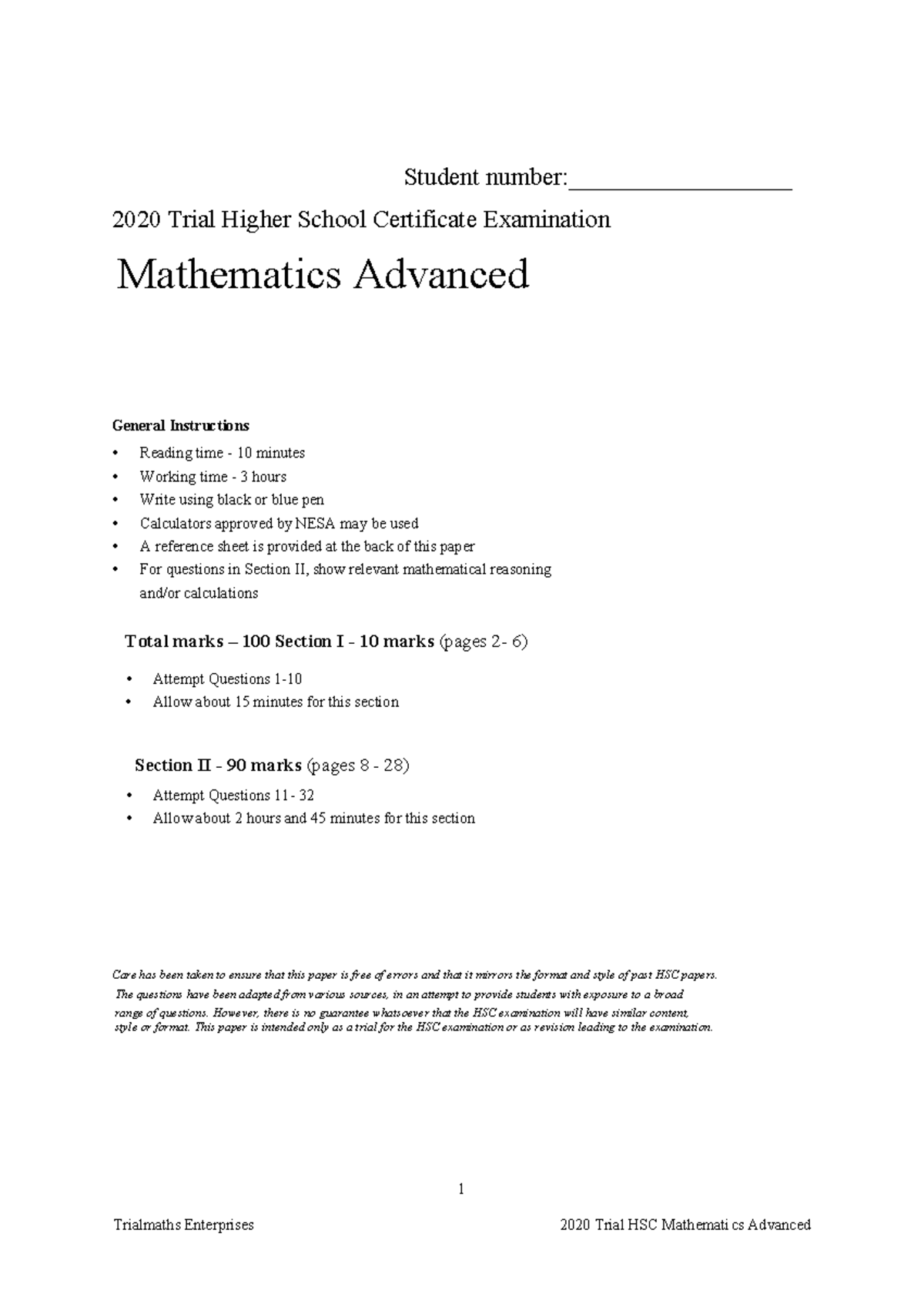 2020 HSC Maths Advanced Trial Paper - 1 Student number ...