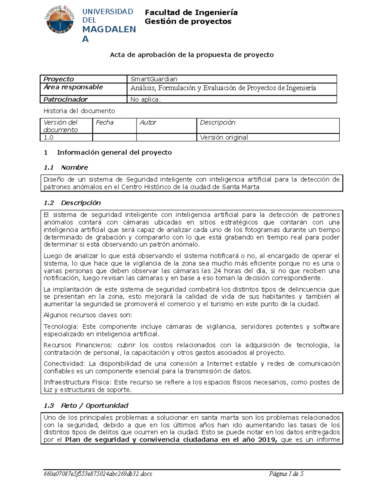 Acta de aprobación de la propuesta de proyecto - Acta de aprobación de la propuesta de proyecto ...