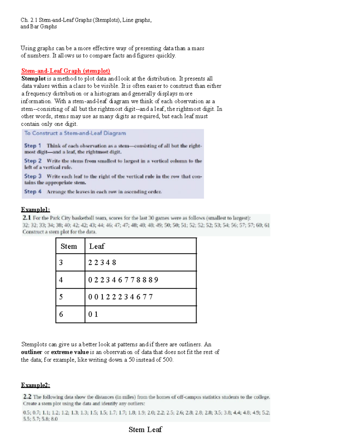 Ch 21 Stem And Leaf Graphs Stemplots Line Graphs And Bar Graphs Ch 2 Stem And Leaf