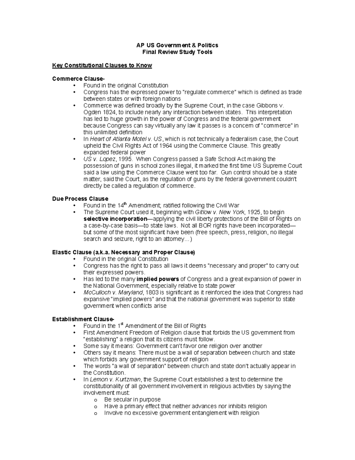 Review - Constitutional Clauses & Checks and Balances - AP US ...