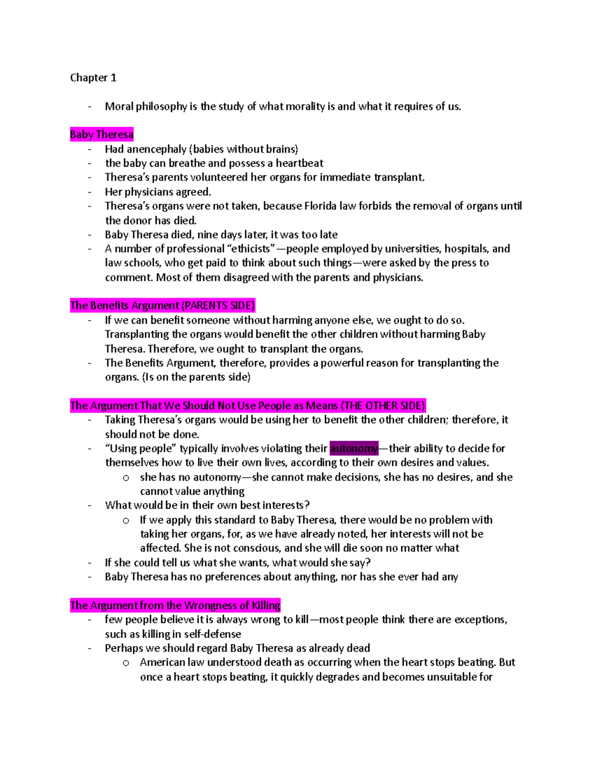 Chapters 1-3 Ethics Notes - Chapter 1 - Moral philosophy is the study ...