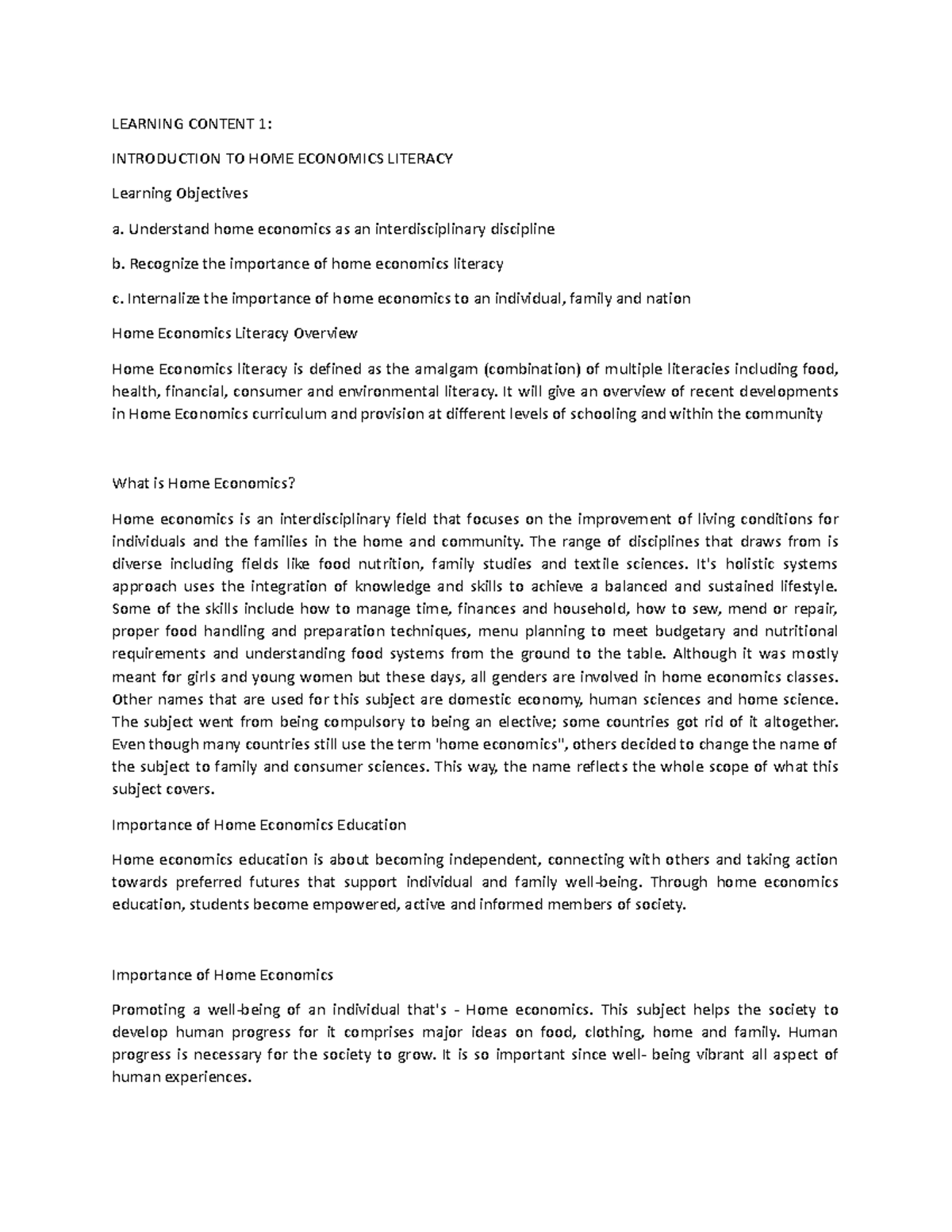 Learning Content 1 - this is for home economics literacy - LEARNING ...