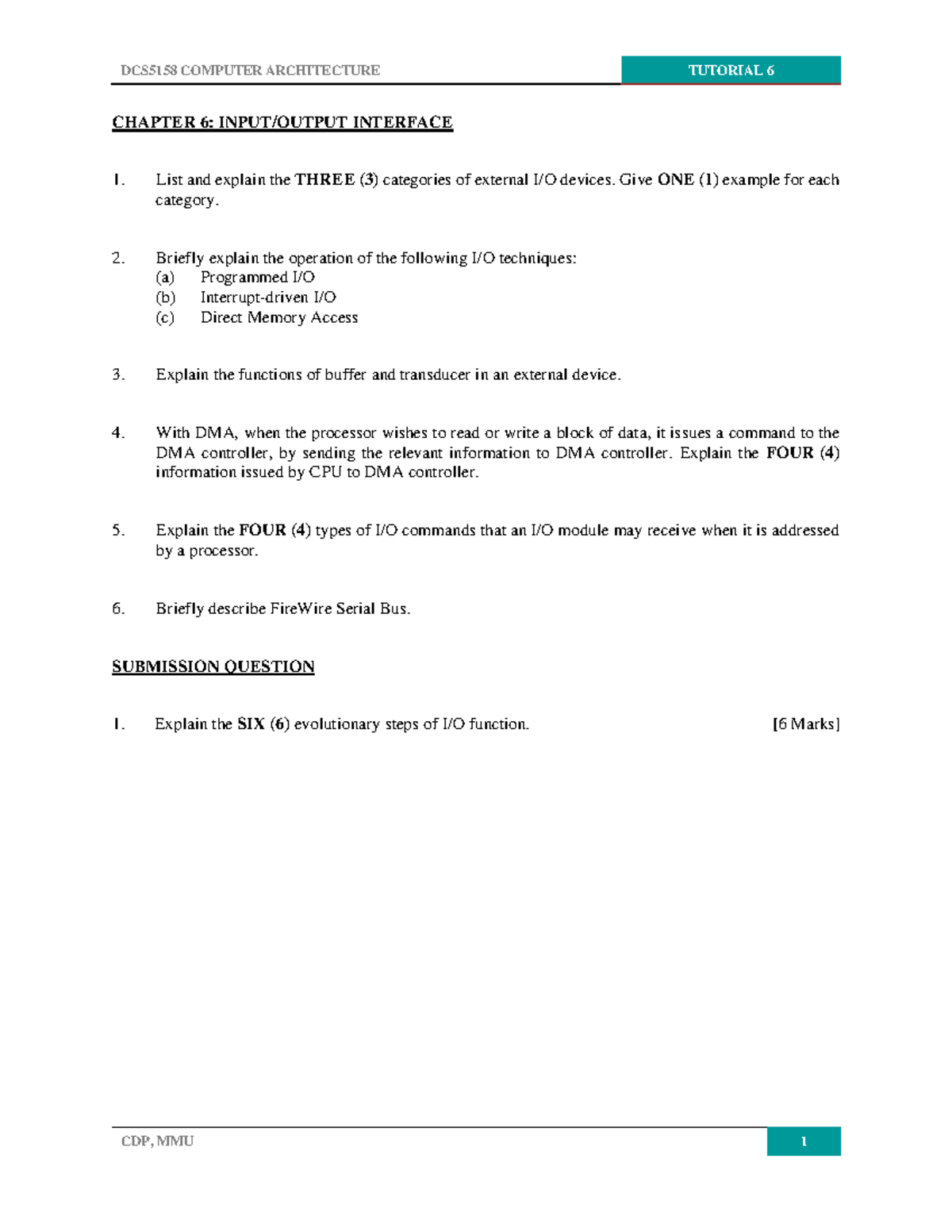 127094 Tutorial 6 Dcs5158 Computer Architecture Tutorial 6 Chapter 6 Interface 1 List And 1249
