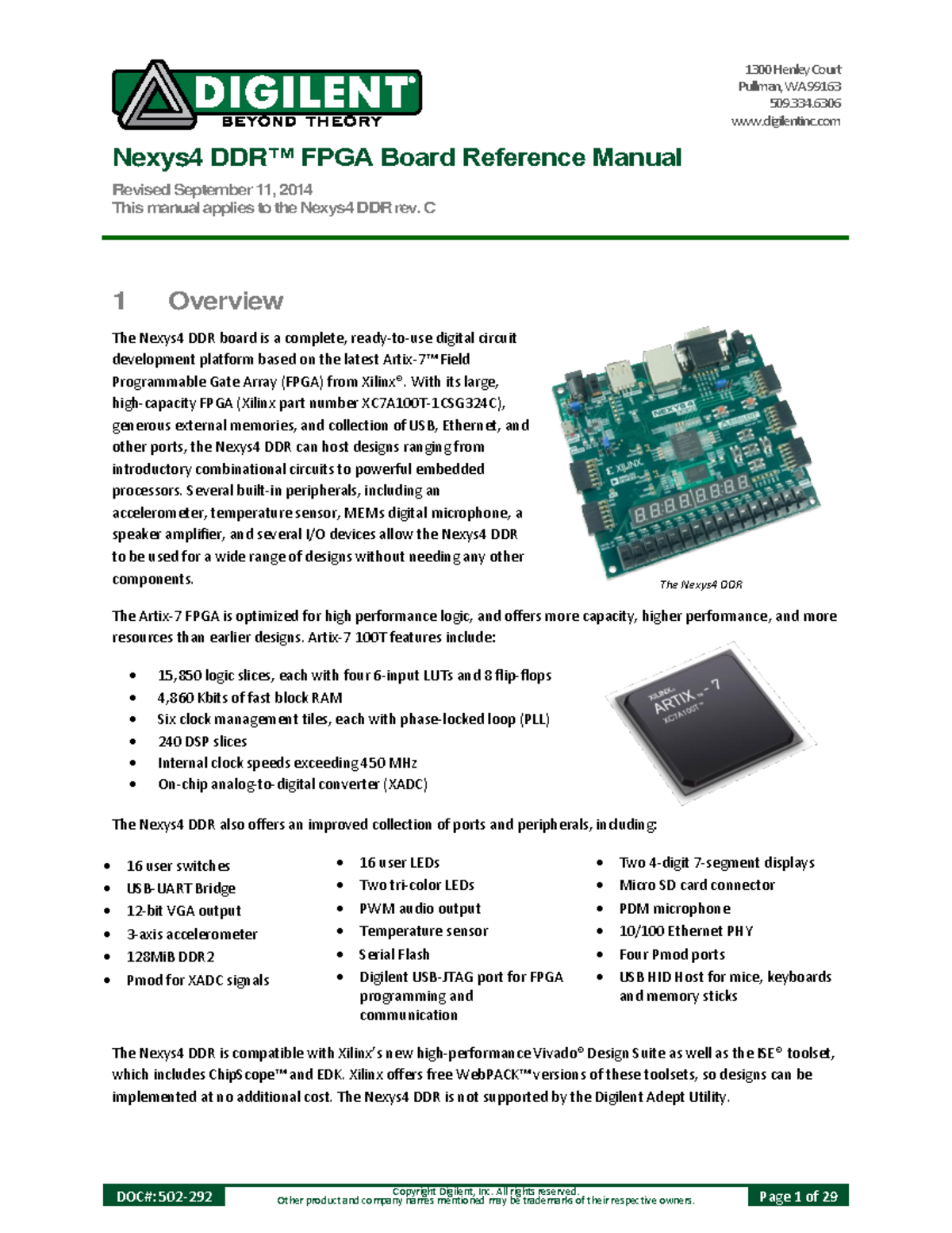 Nexys 4-DDR datasheet - 1300 Henley Court Pullman, WA 99163 509. digilentinc Nexys4 DDR™ FPGA ...