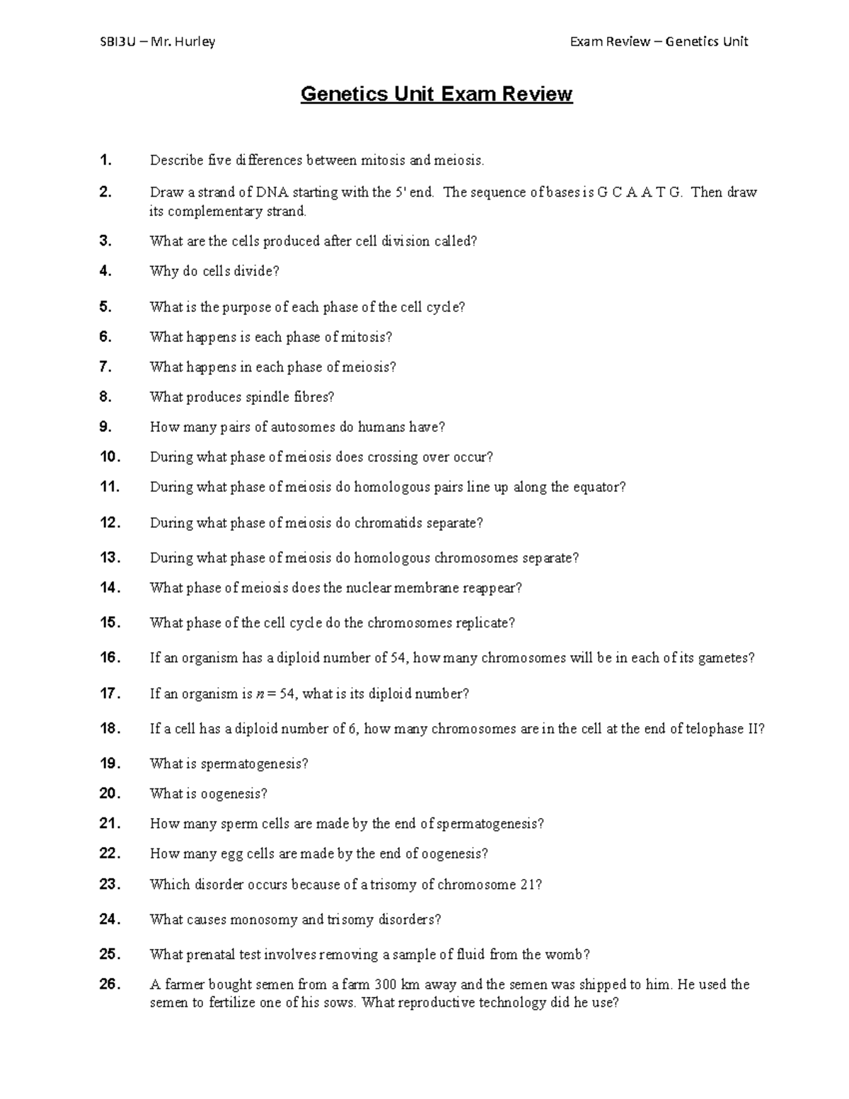 Genetics Exam Review 2023 - Genetics Unit Exam Review 1. Describe five ...