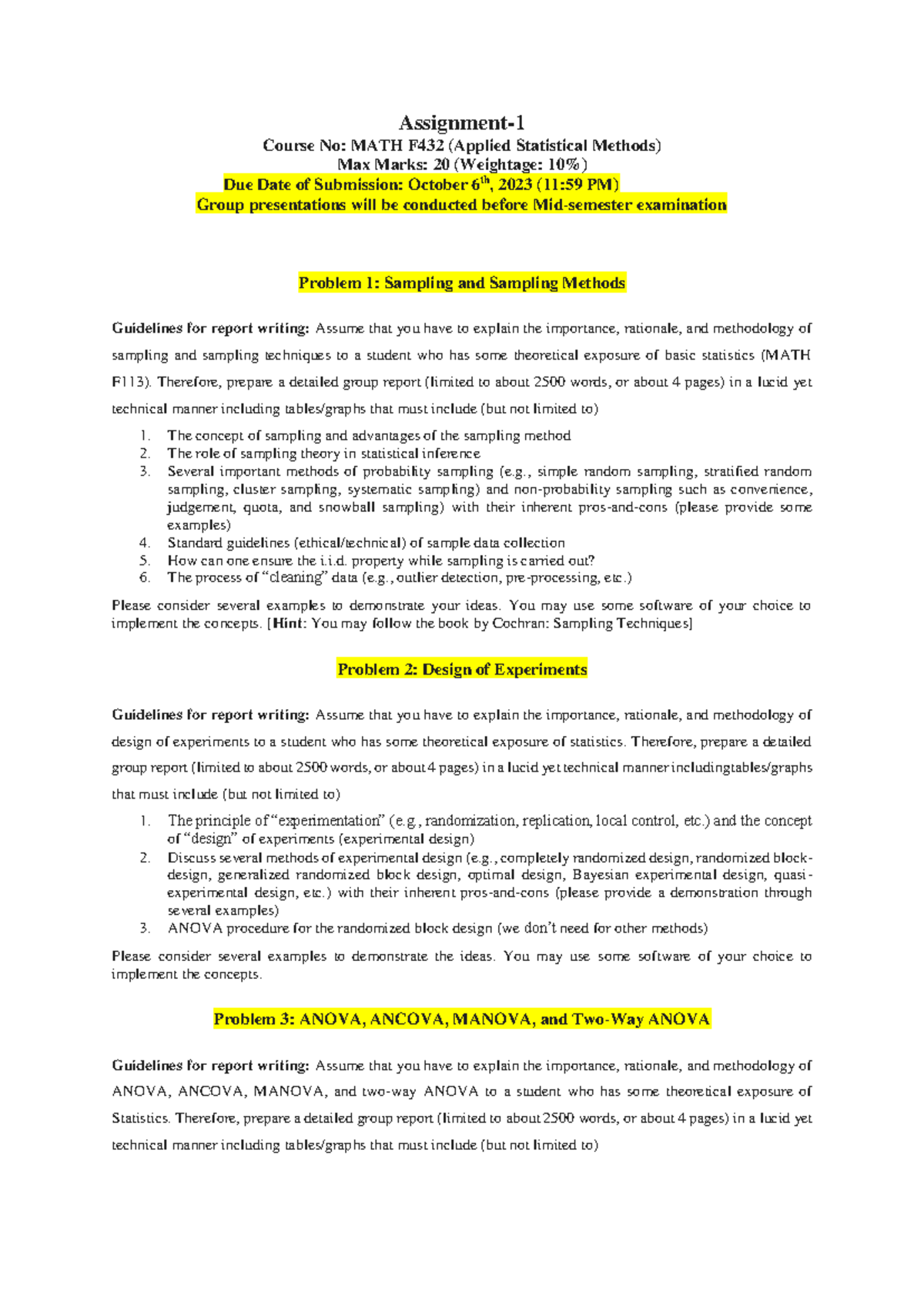 A-1 - Group assignment - Assignment- Course No: MATH F432 (Applied Statistical Methods) Max ...