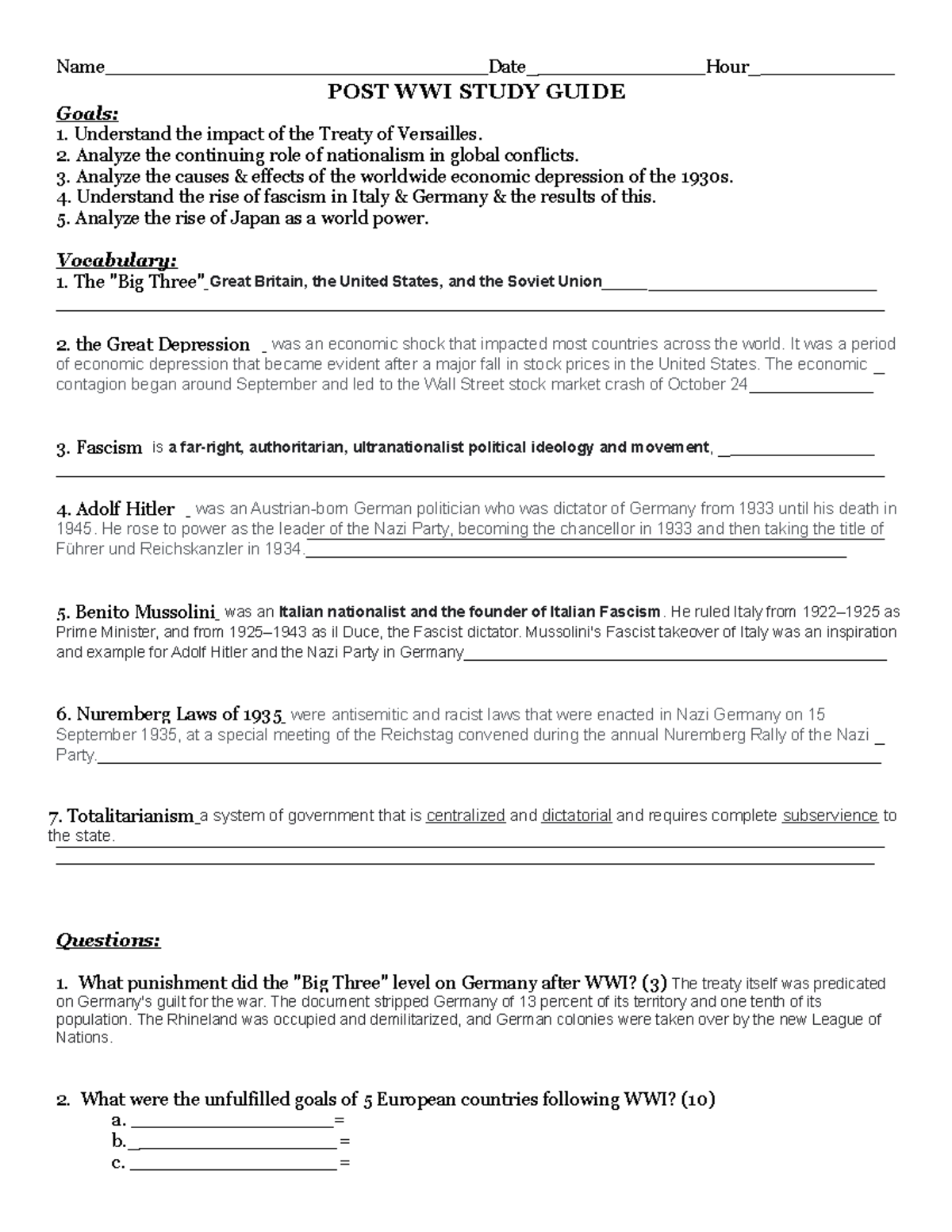 Post wwi study guide - sss - Name Date_ Hour_ Goals: POST WWI STUDY ...