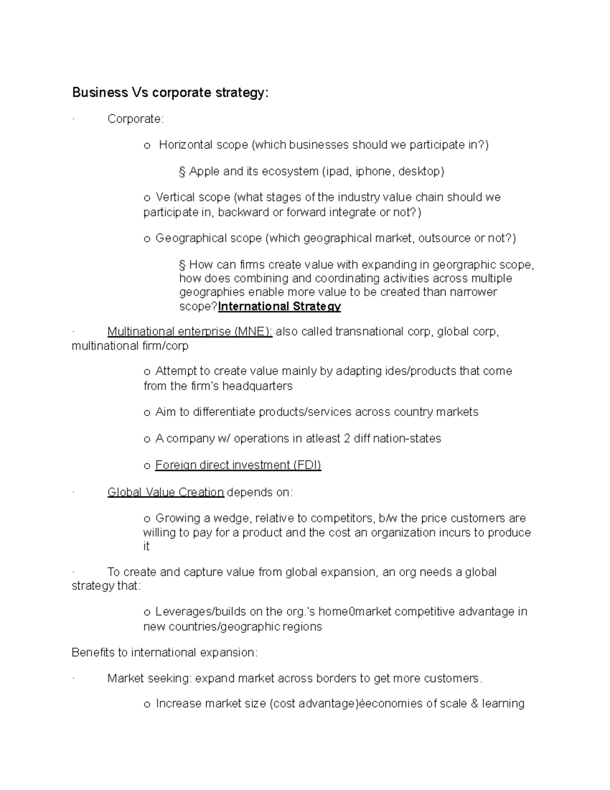 Management notes 6 - Business Vs corporate strategy: · Corporate: o ...