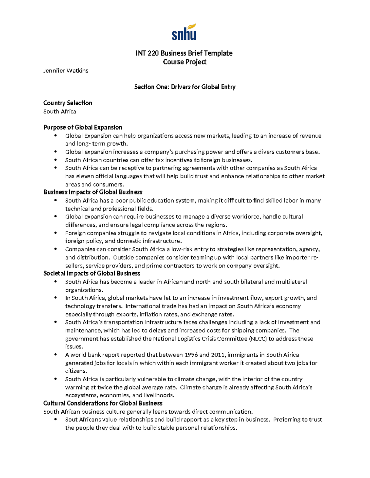 INT 220 Milestone one - INT 220 Business Brief Template Course Project ...