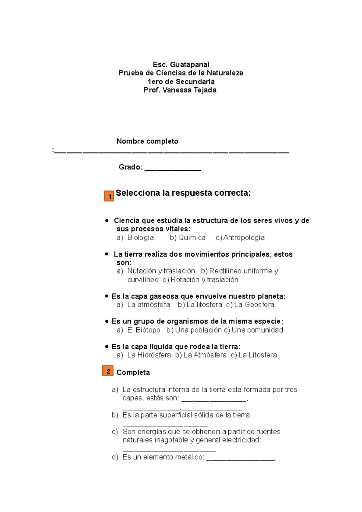 Examen para 1ero - Material de repaso para 1ero de secundaria. - Esc. Guatapanal Prueba de ...