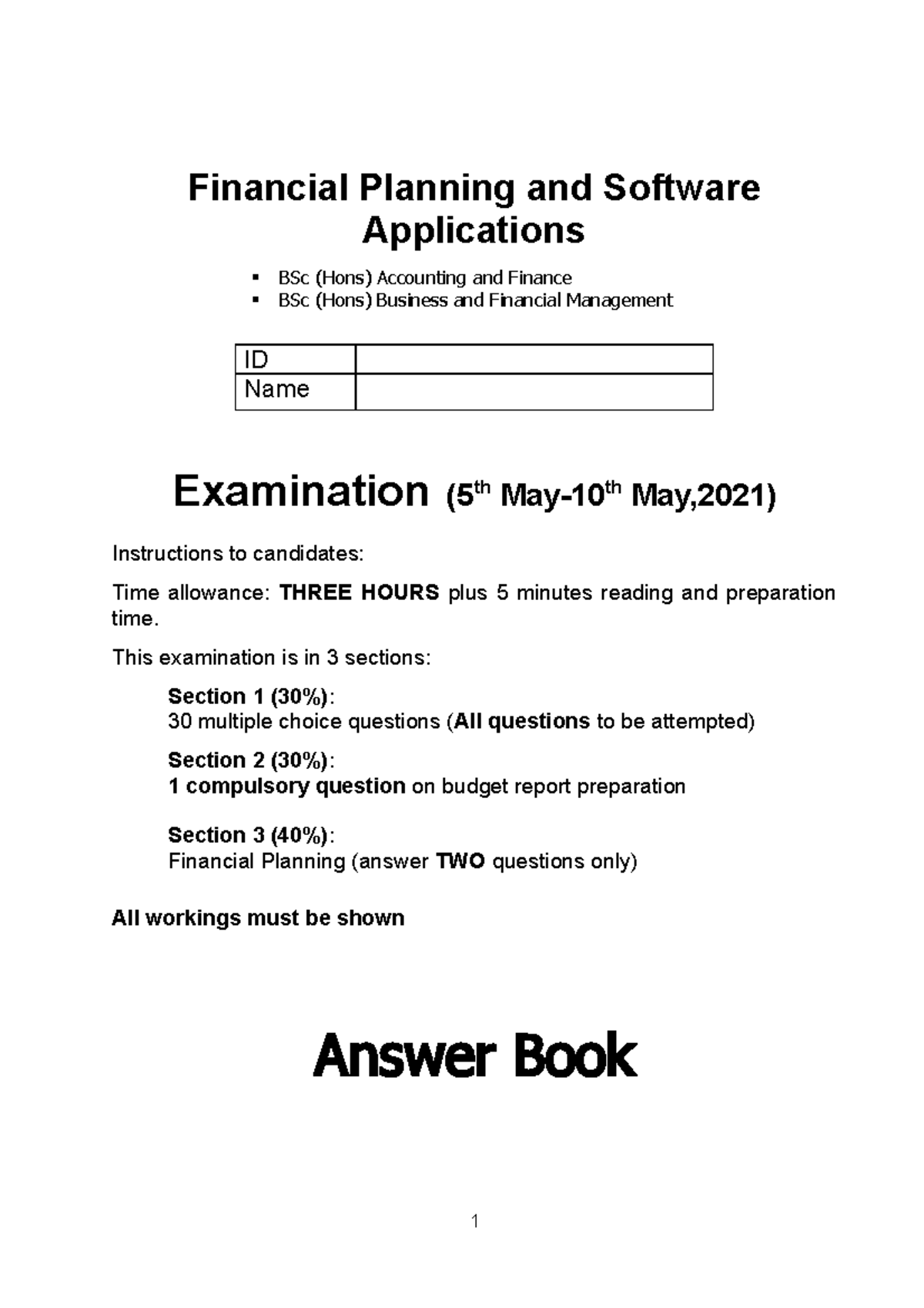 Exam Answer Book template S2 2020-21 - Financial Planning and Software ...
