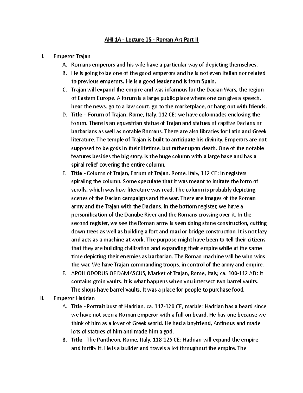 AHI 1A - Lecture 15 - Roman Art Part II - Emperor Trajan A. Romans ...