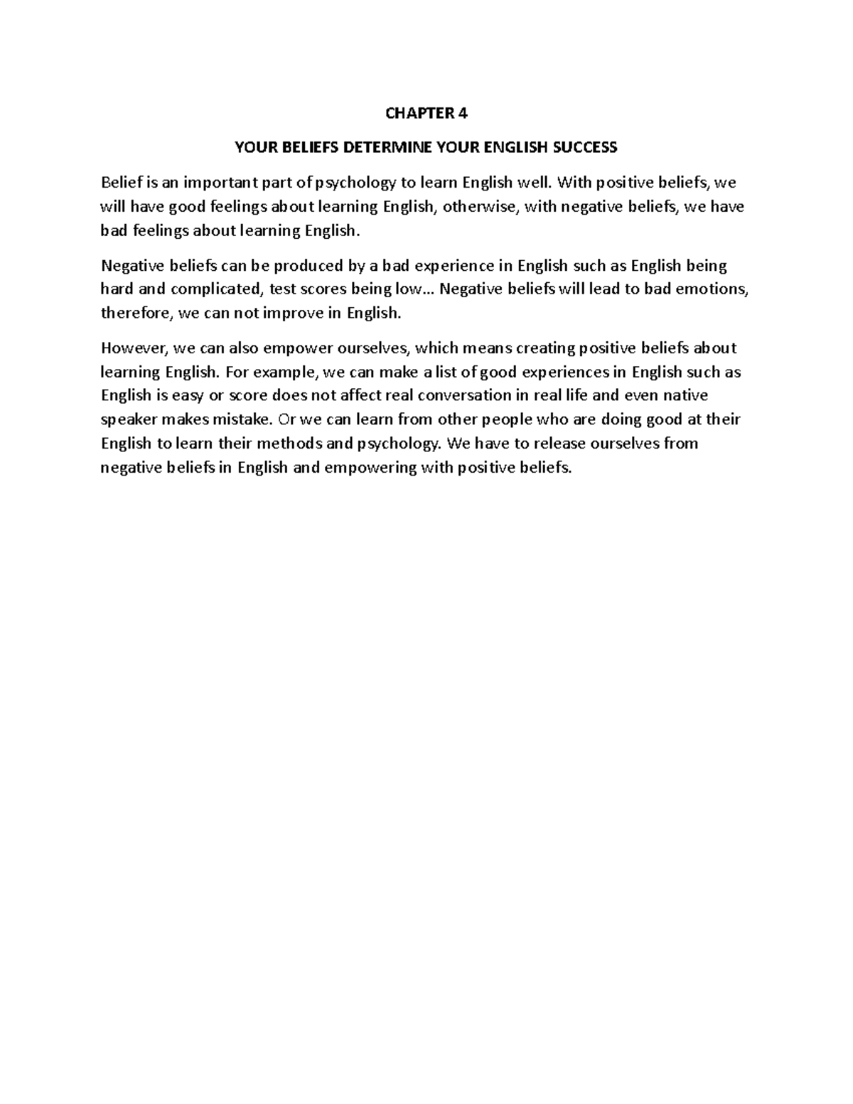 Chapter 4 - tesol - CHAPTER 4 YOUR BELIEFS DETERMINE YOUR ENGLISH ...