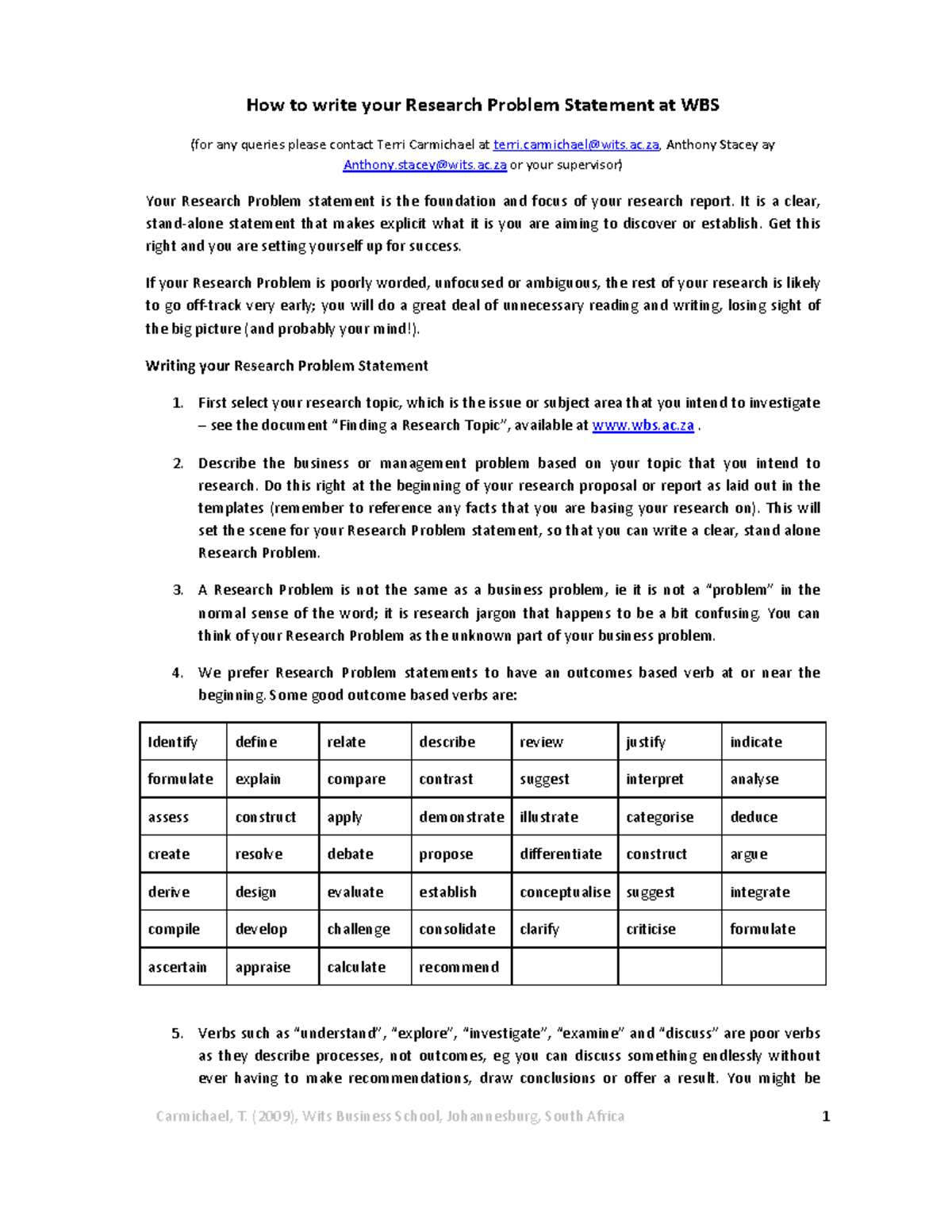 9.HOW TO Write THE Problem Statement - Carmichael, T. (2009), Wits ...