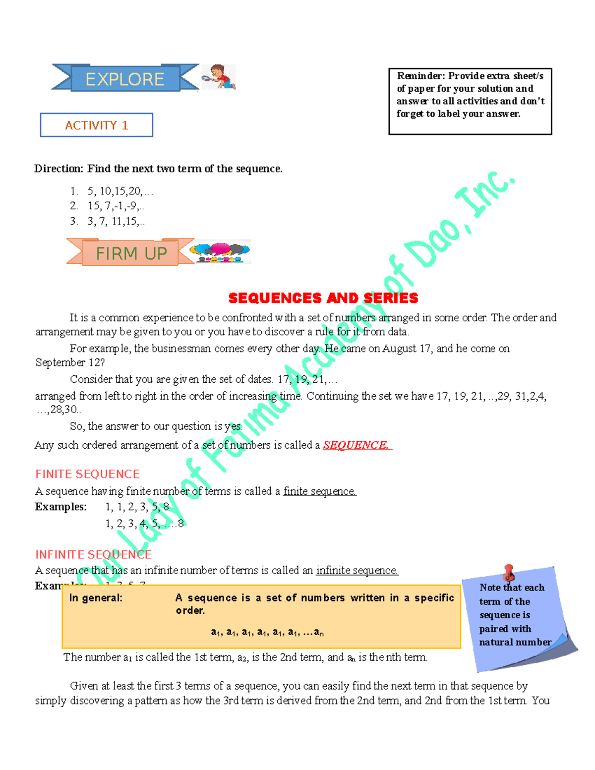 Mathematics 10 Module 1 Quarter 1 - Direction: Find the next two term ...