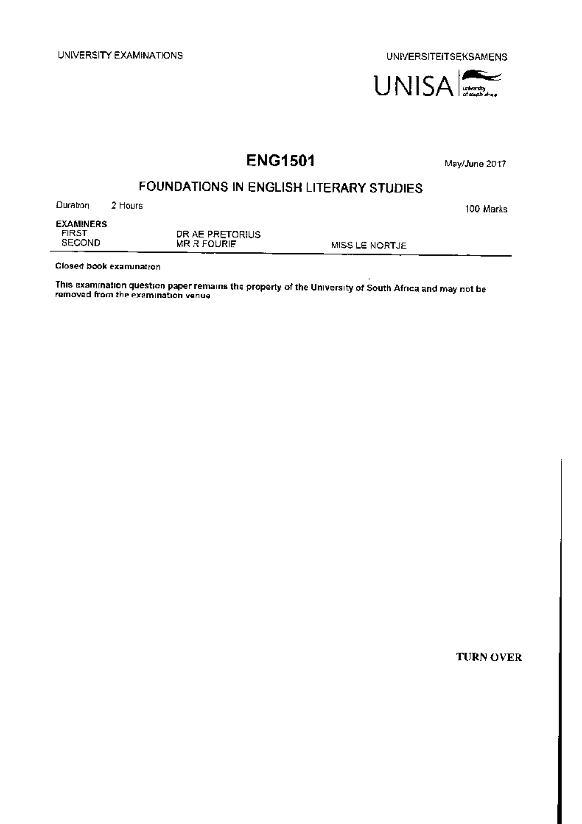 ENG1501 2017 6 E 2 - Examination test - ENG1501 - Unisa - Studocu
