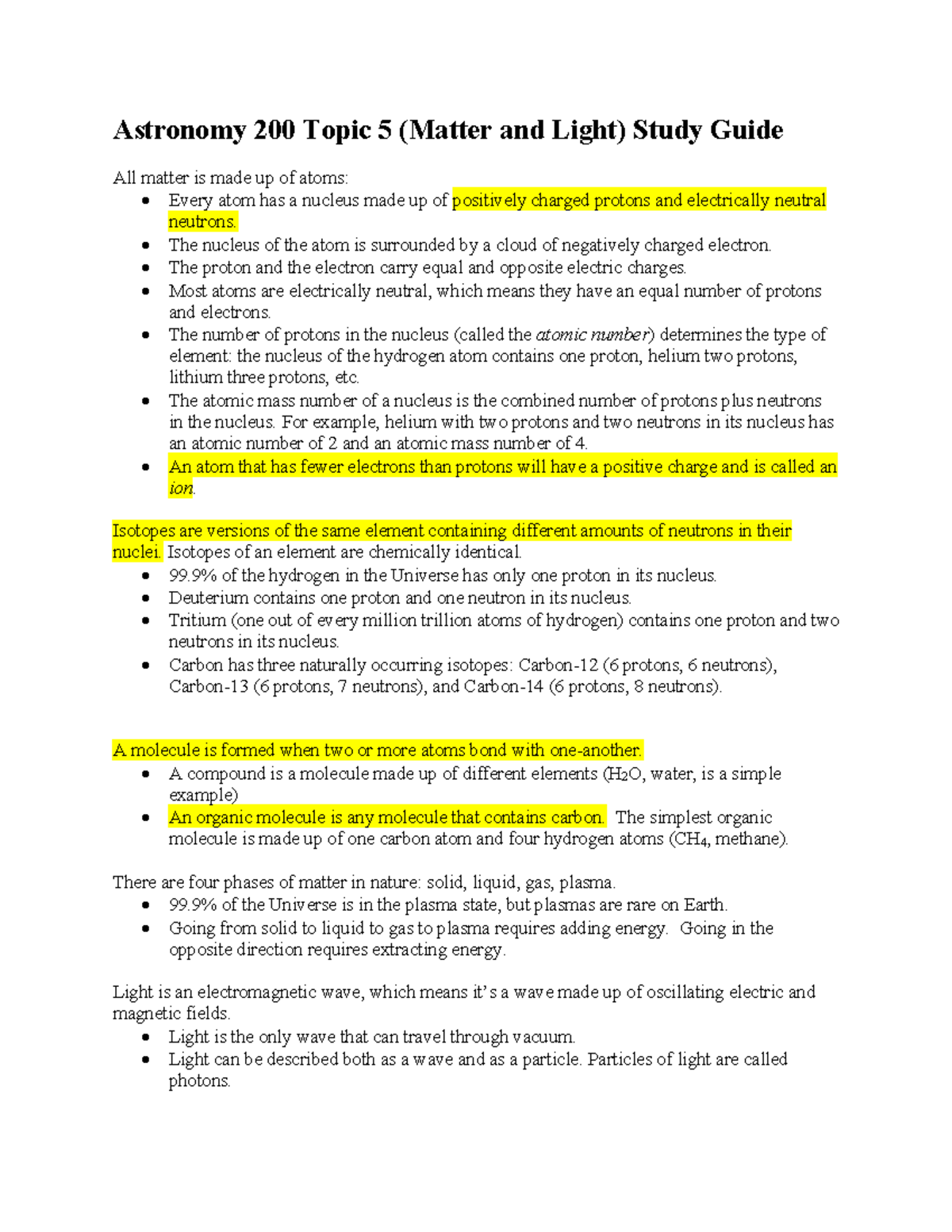 Astronomy 200 Topic 05 Study Guide - Astronomy 200 Topic 5 (Matter and ...