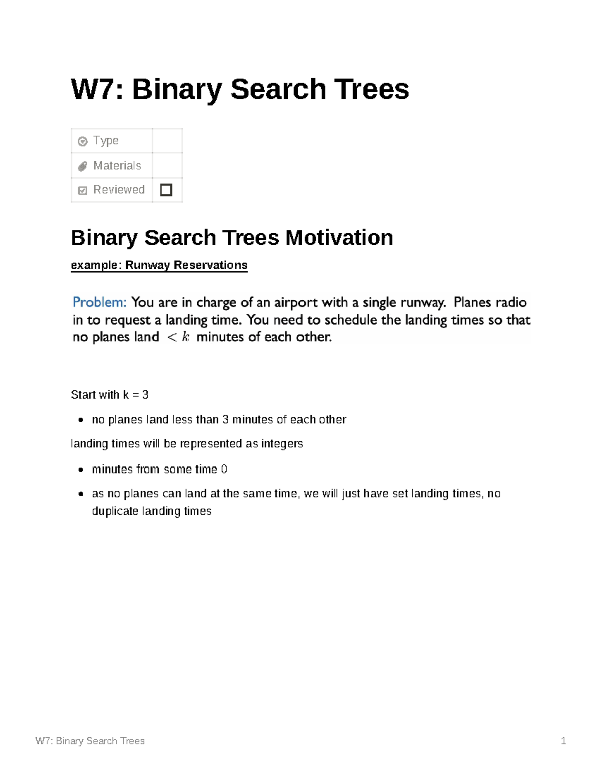 W7 - Binary Search Trees notes - W7: Binary Search Trees Type Materials ...