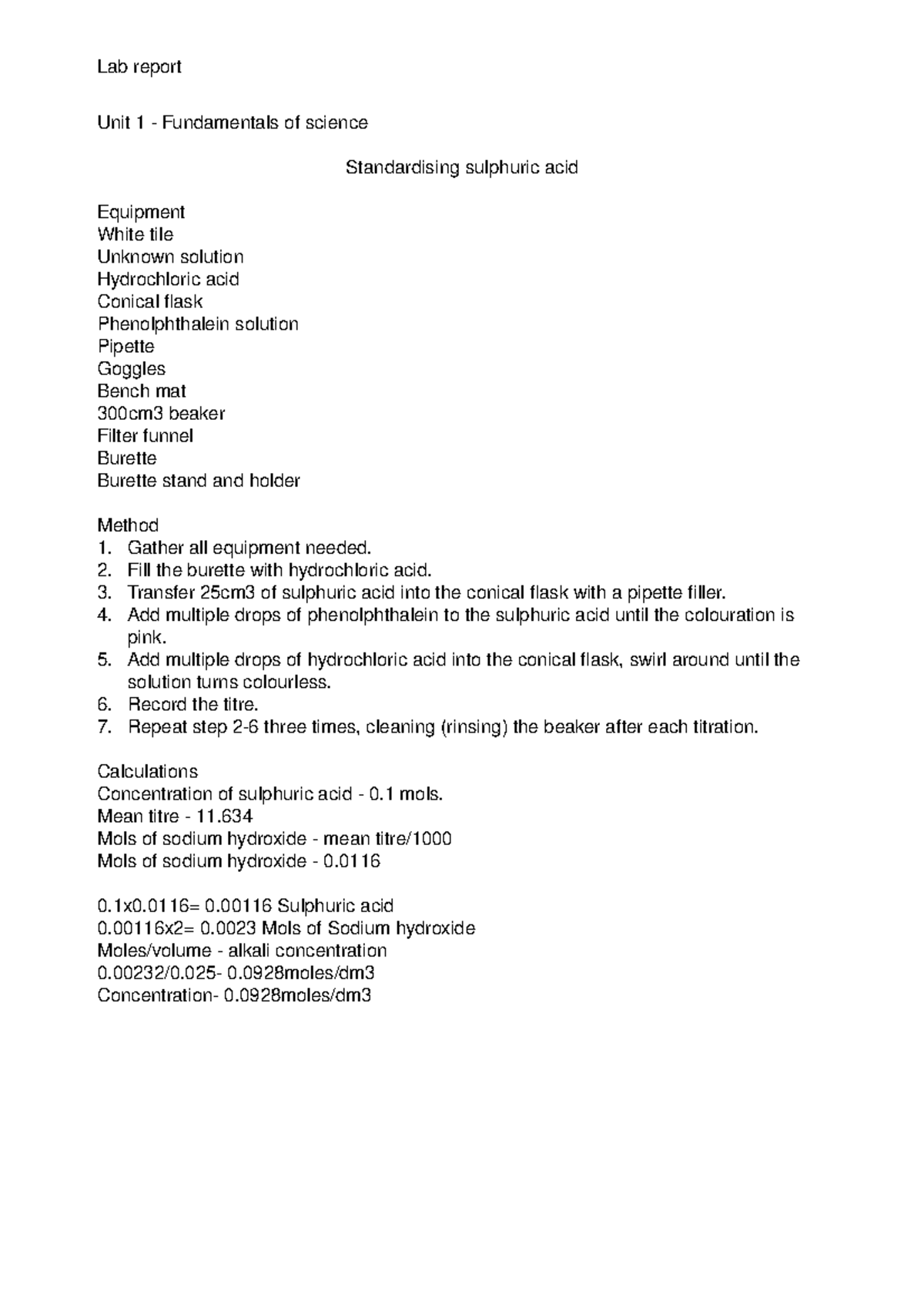 Unit 1 - Volumetric Analysis - Lab report Unit 1 - Fundamentals of ...