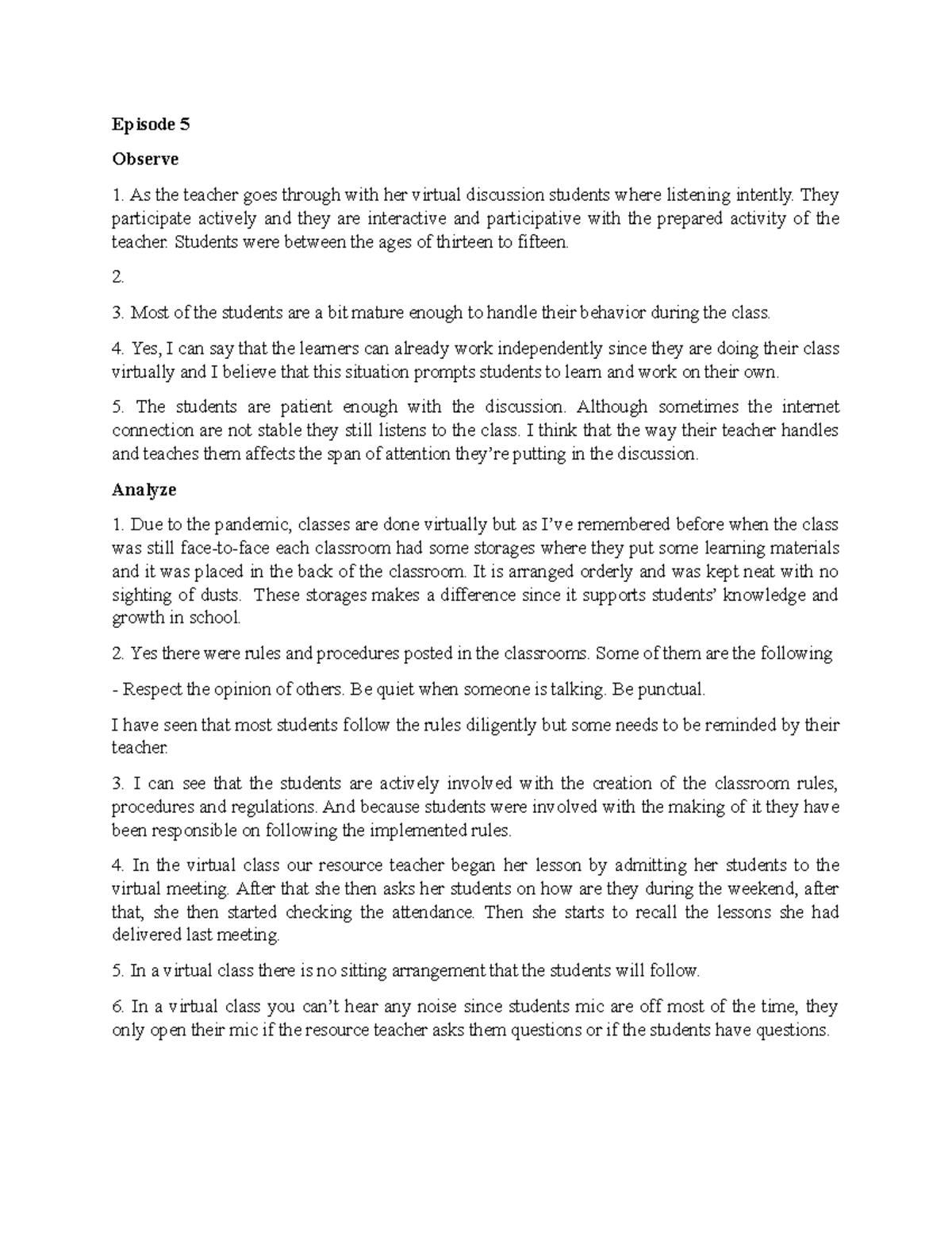 Episode 5-FS1 - Field Study worksheets - Episode 5 Observe As the ...