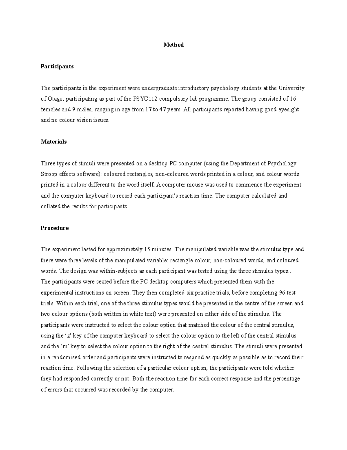 Naomi jutel, psychology 112, methods section - Method Participants The ...