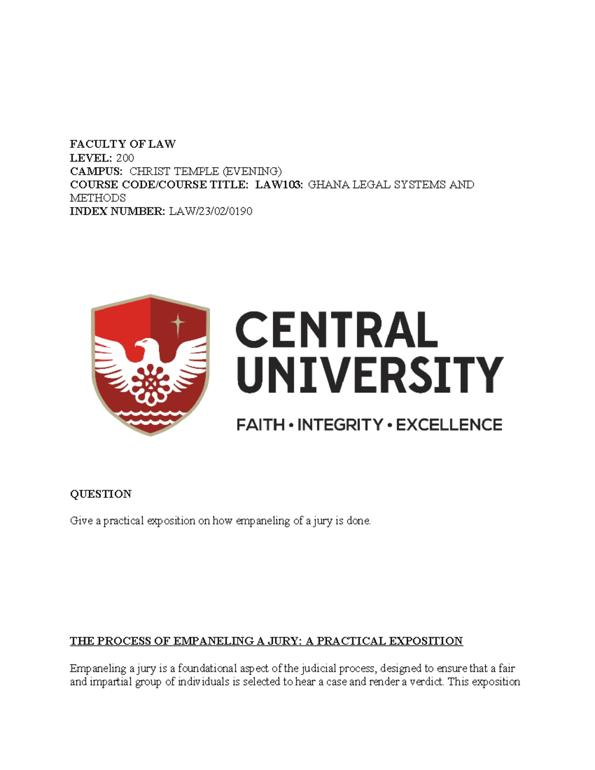 Empaneling of a jury ( Assignment ) - FACULTY OF LAW LEVEL: 200 CAMPUS ...