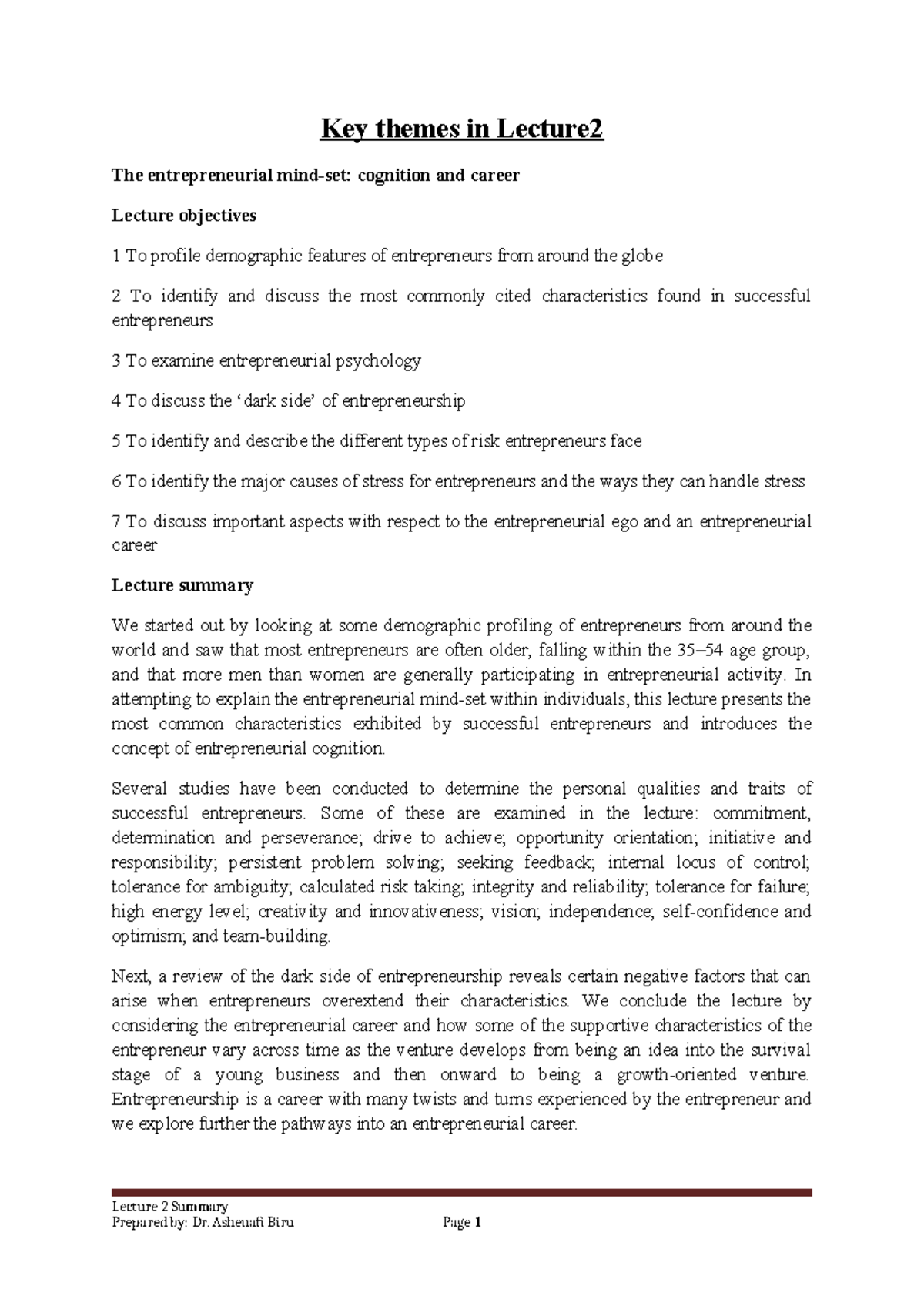 Lecture Summary Chapter 2 - Key themes in Lecture The entrepreneurial ...