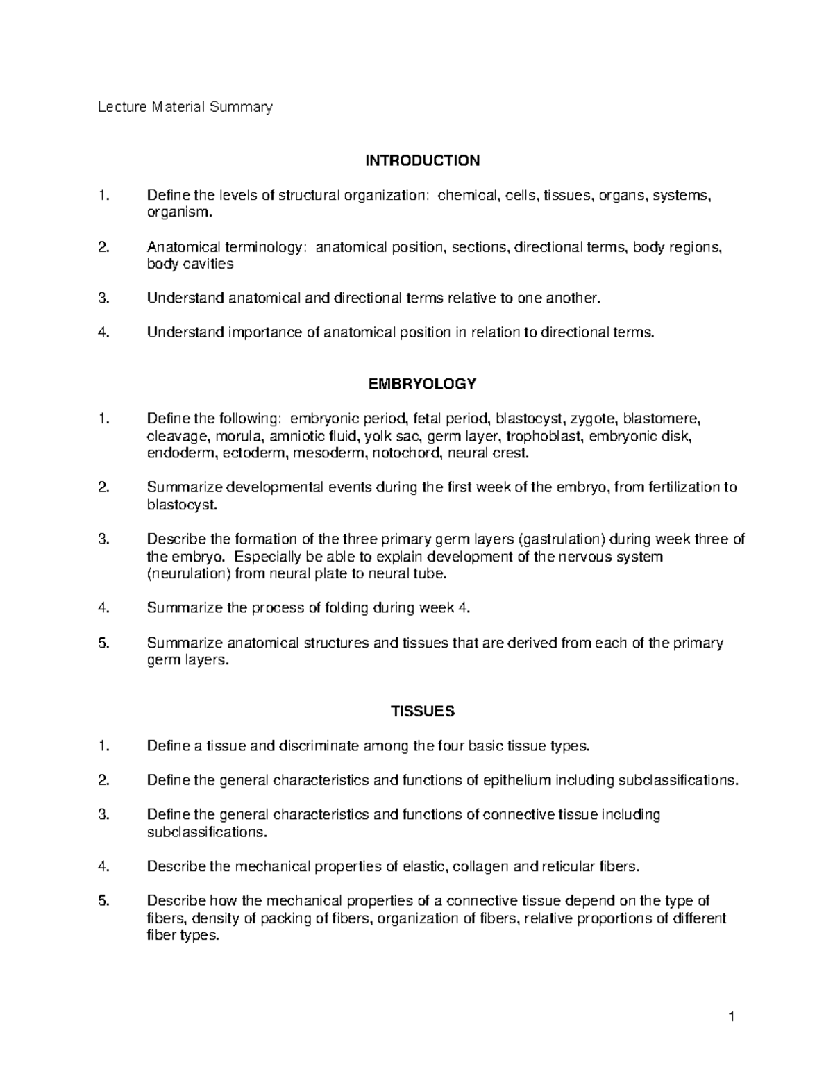 Summary of Material and Objectives - Lecture Material Summary ...