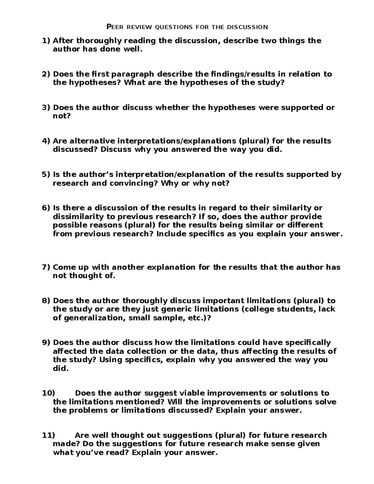 1 Peer Review Discussion Questions - PEER REVIEW QUESTIONS FOR THE ...