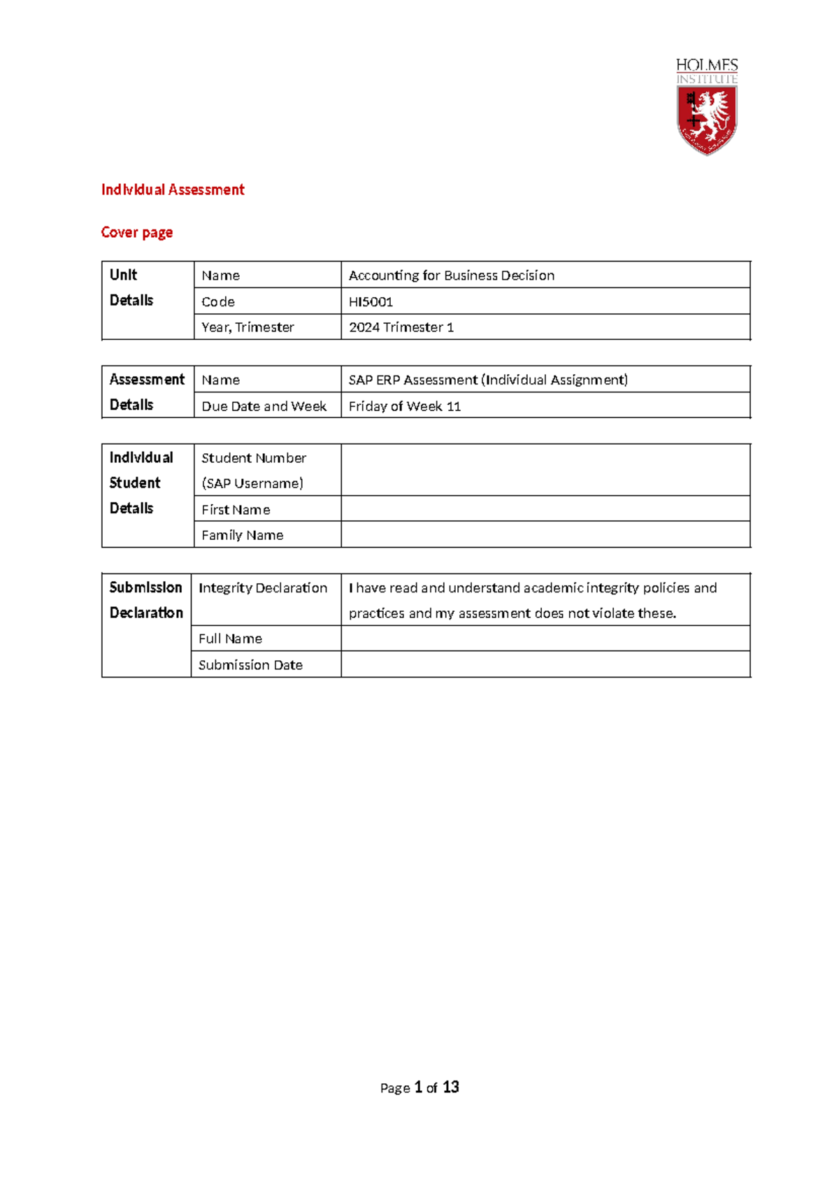 HI5001 2024 T1 SAP ERP Assessment - Individual Assessment Cover page Unit Details Name ...