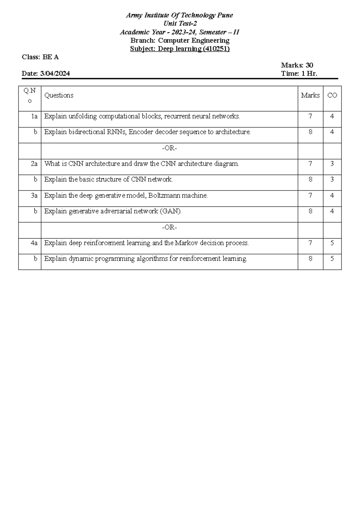 Unit Test -II BE Deep Learning Question Papers - Army Institute Of ...
