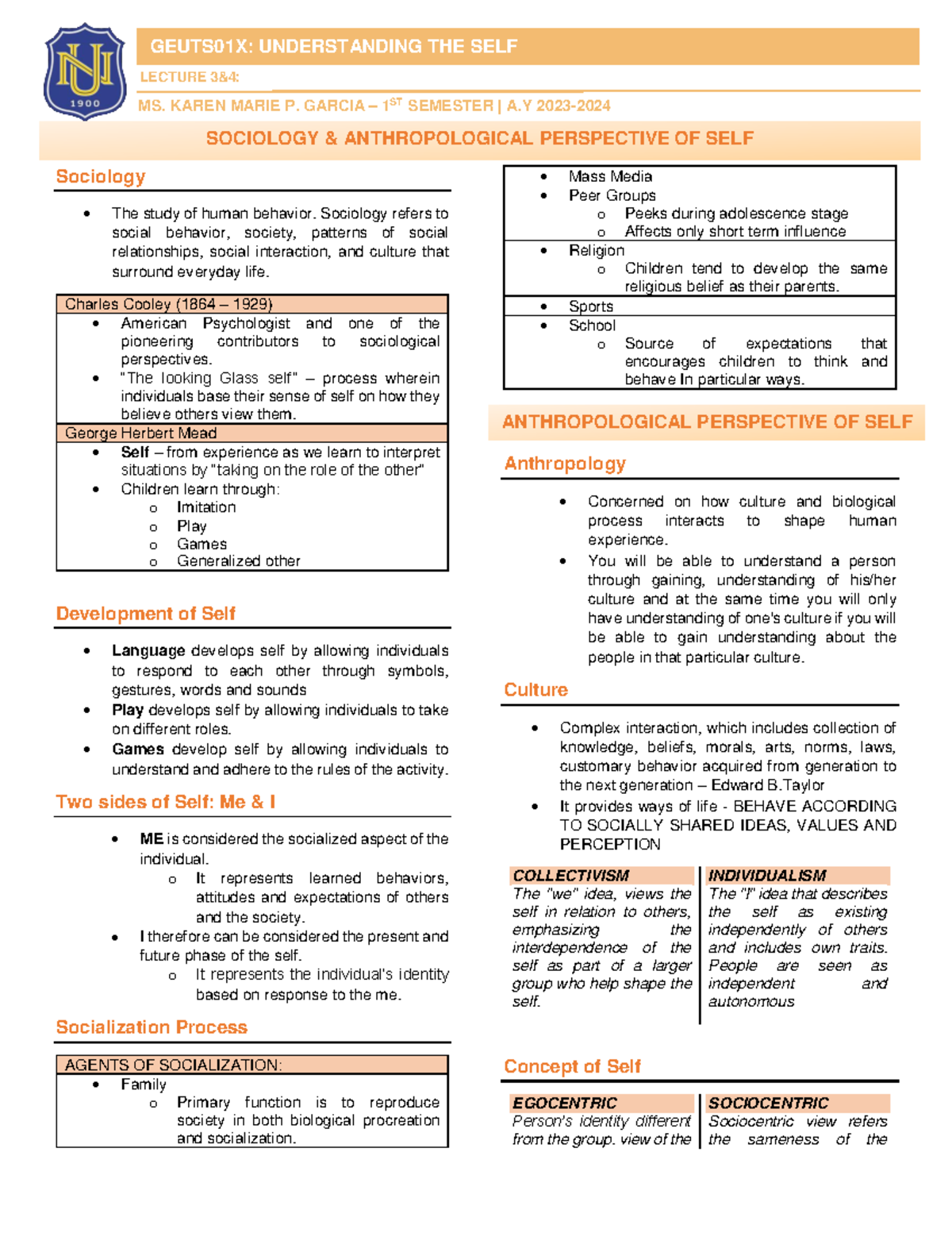 UTS - Sociology & Anthropological Perspective Of Self - GEUTS01X: UNDERSTANDING THE SELF LECTURE ...