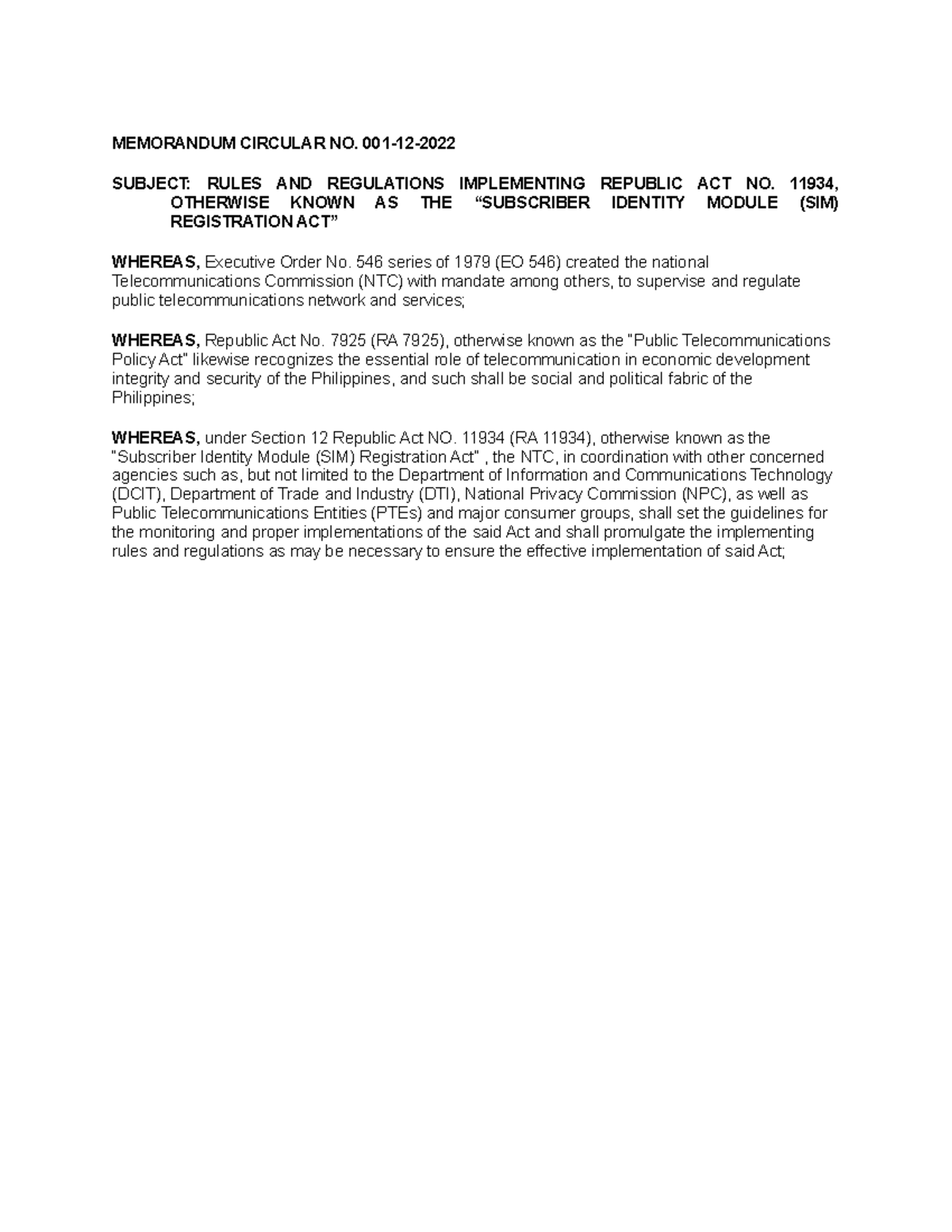 Memorandum Circular NO - MEMORANDUM CIRCULAR NO. 001-12- SUBJECT: RULES ...