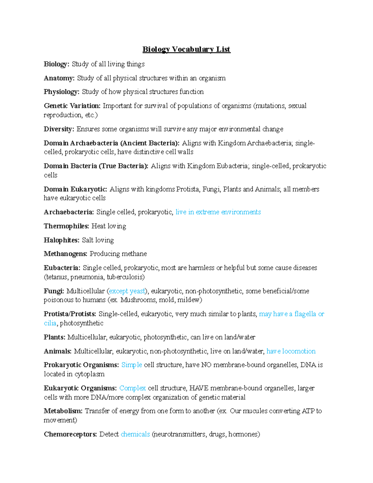 Biology Vocabulary List Biology Vocabulary List Biology Study Of All