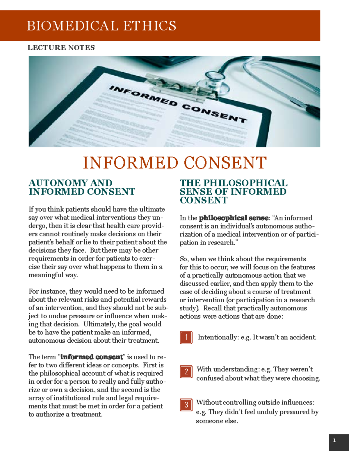 Biomedical Ethics Lecture Notes - INFORMED CONSENT - LECTURE NOTES ...