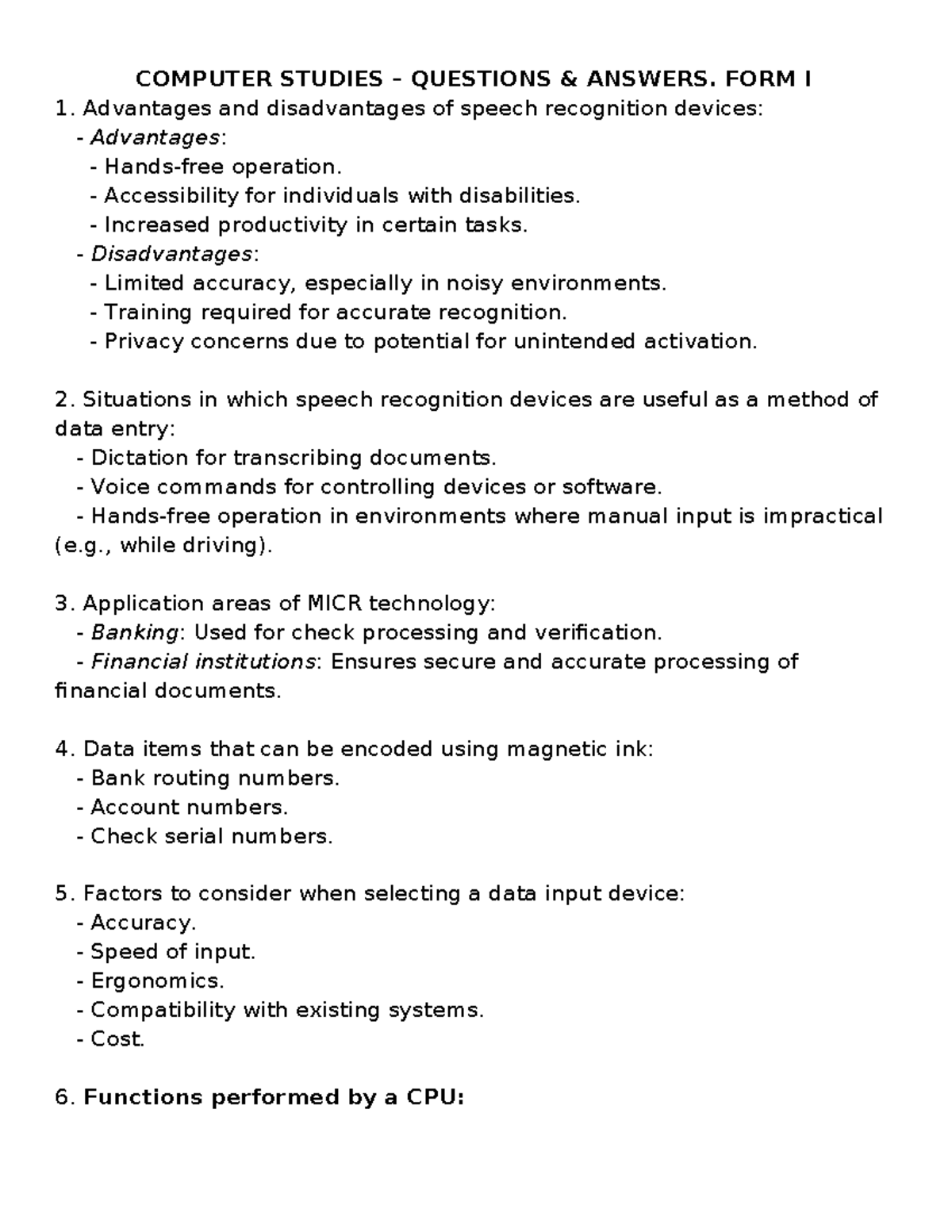 Computer Studies – Questions & Answers. FORM I - COMPUTER STUDIES – QUESTIONS & ANSWERS. FORM I ...