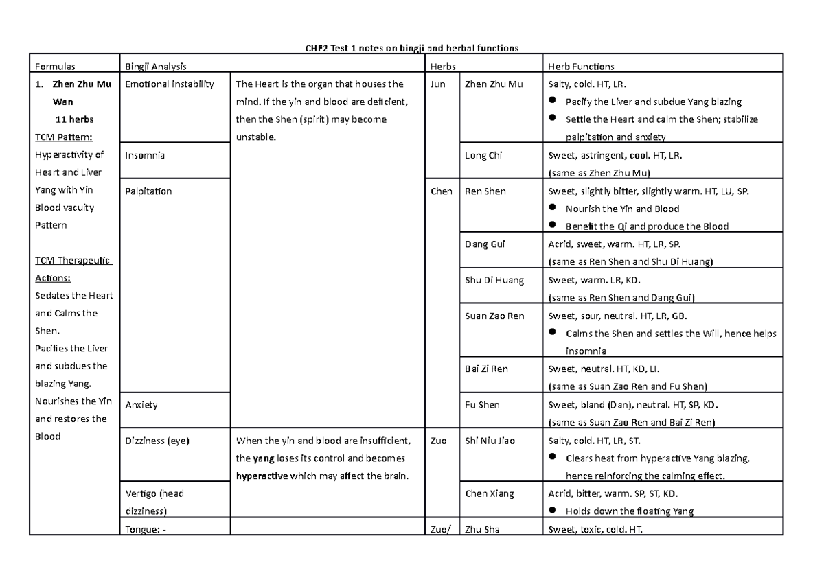 CHF2 Test 1 notes on bingji and herbal functions - CHF2 Test 1 notes on ...